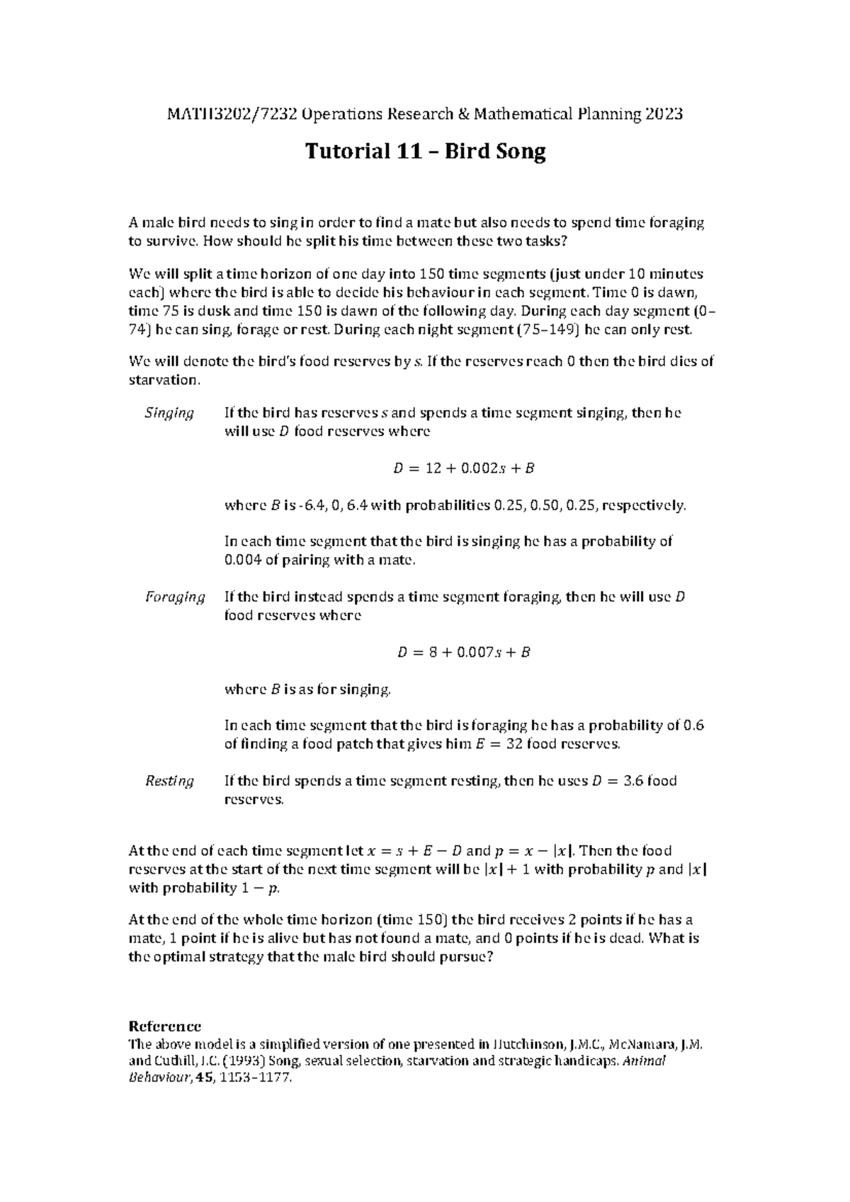 Week11-Bird Song - Lecture notes optmisation - MATH3202/7232 Operations ...