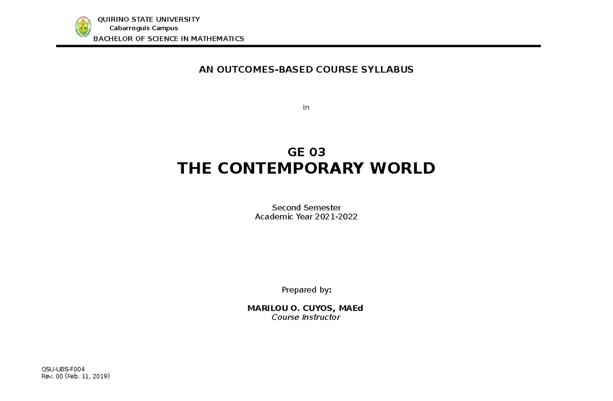 S-Contemporary-World - AN OUTCOMES-BASED COURSE SYLLABUS In GE 03 THE ...