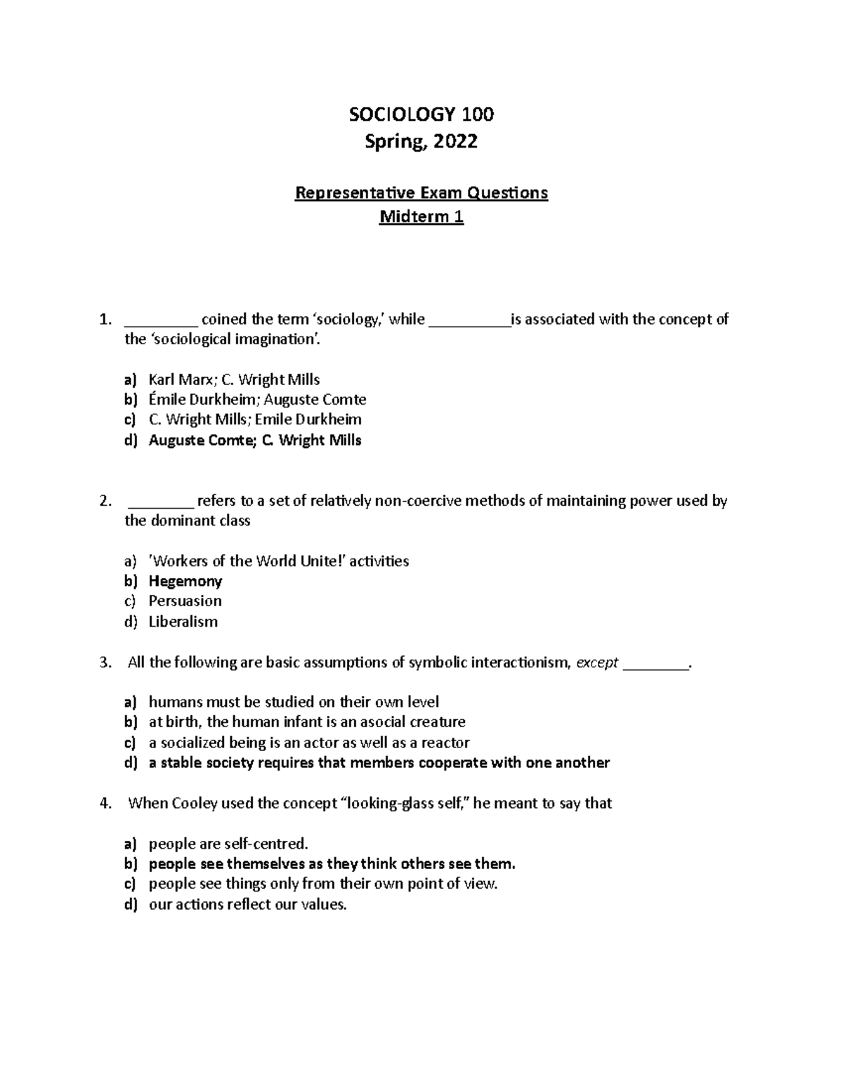Midterm 1- Representative Questions-Answers - SOCIOLOGY 100 Spring ...