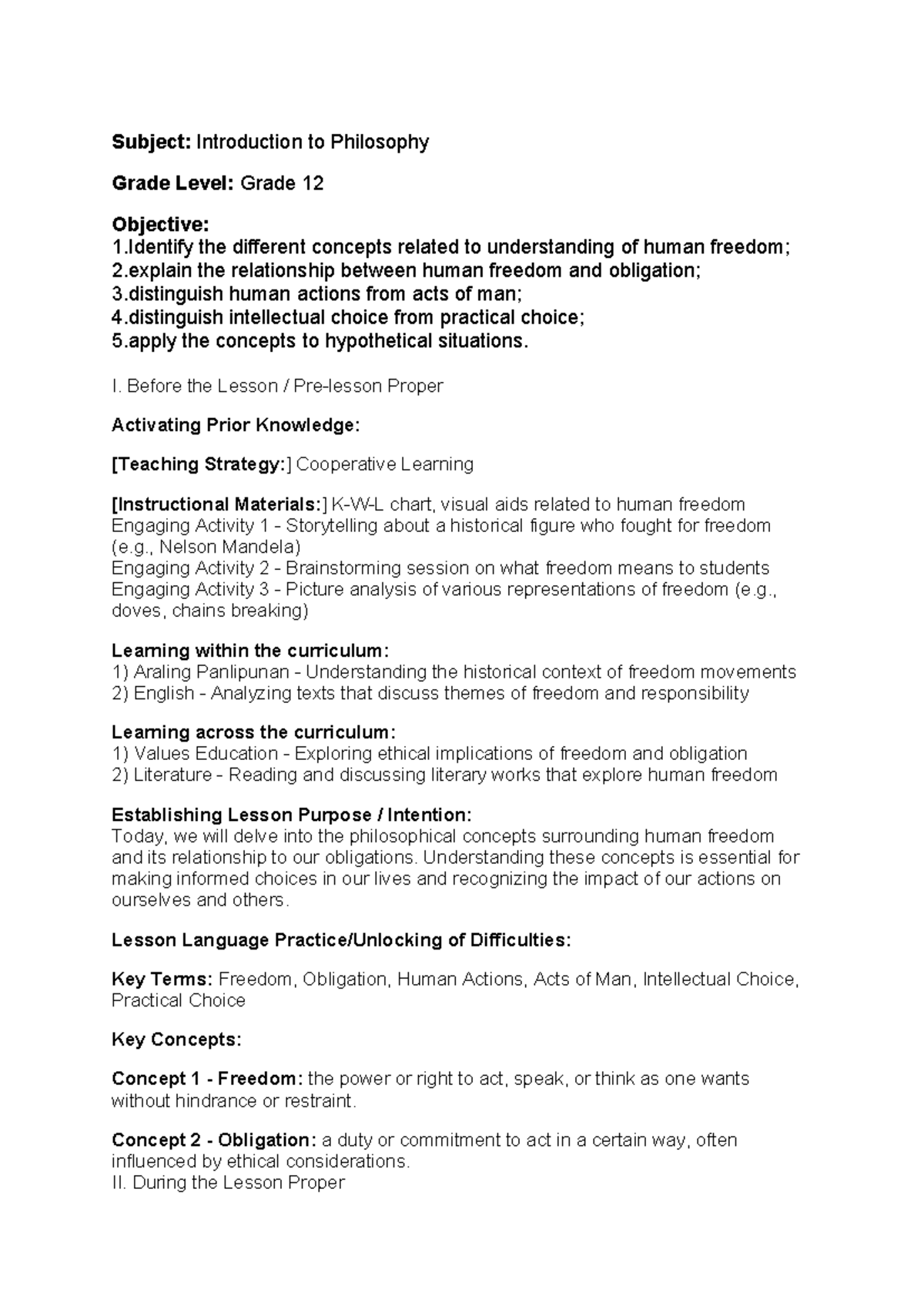 Lesson plan - Subject: Introduction to Philosophy Grade Level: Grade 12 ...