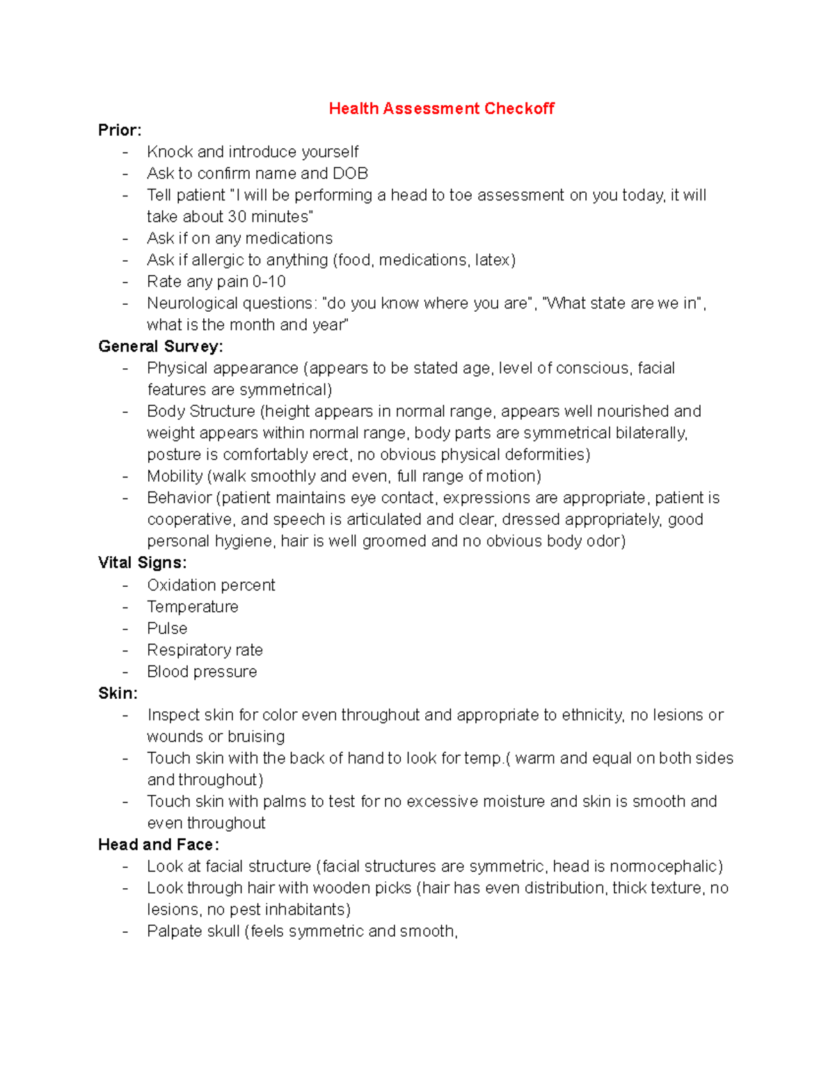 Final Health Assessment Checkoff - Health Assessment Checkoff Prior ...