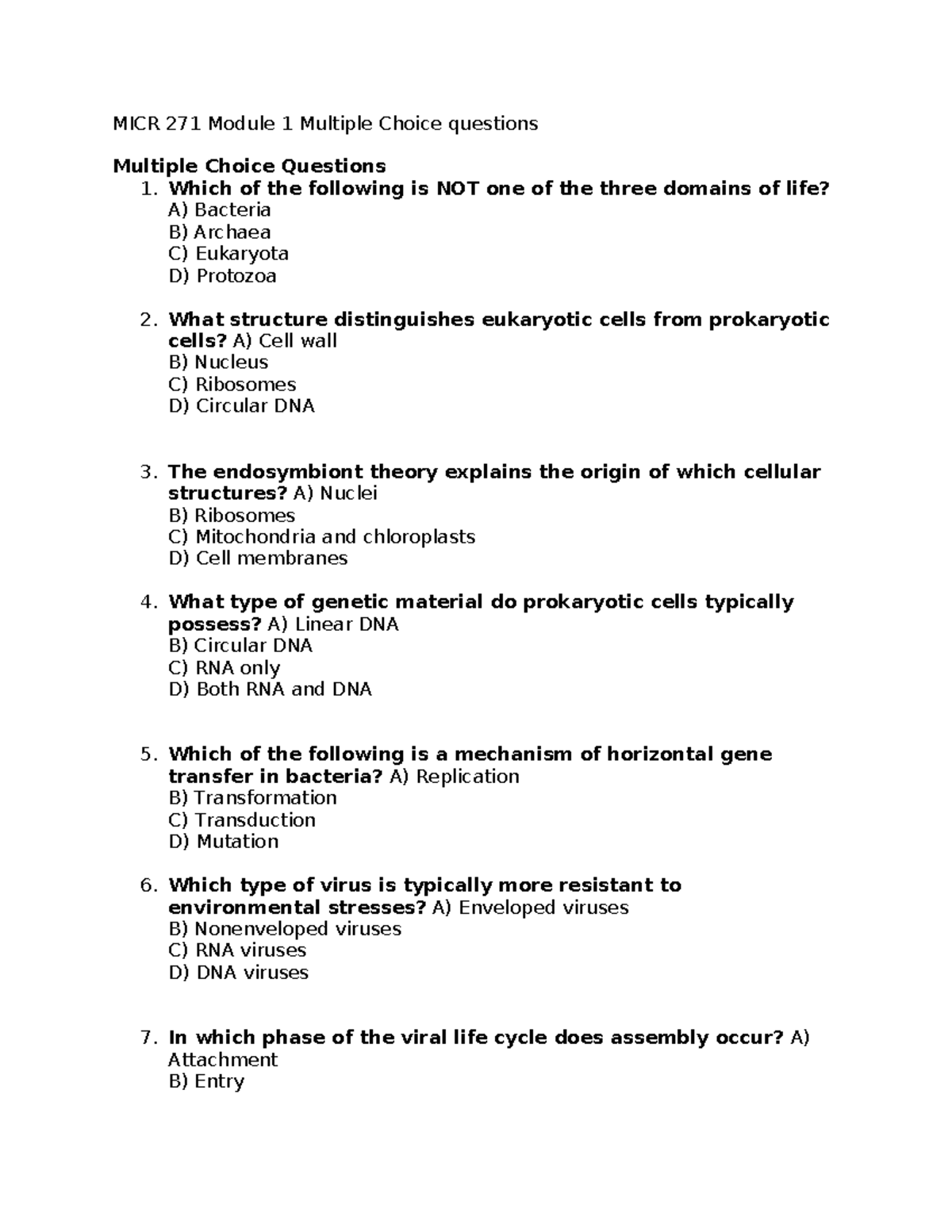 MICR 271 Module 1 Multiple Choice questions (MINE) - MICR 271 Module 1 ...
