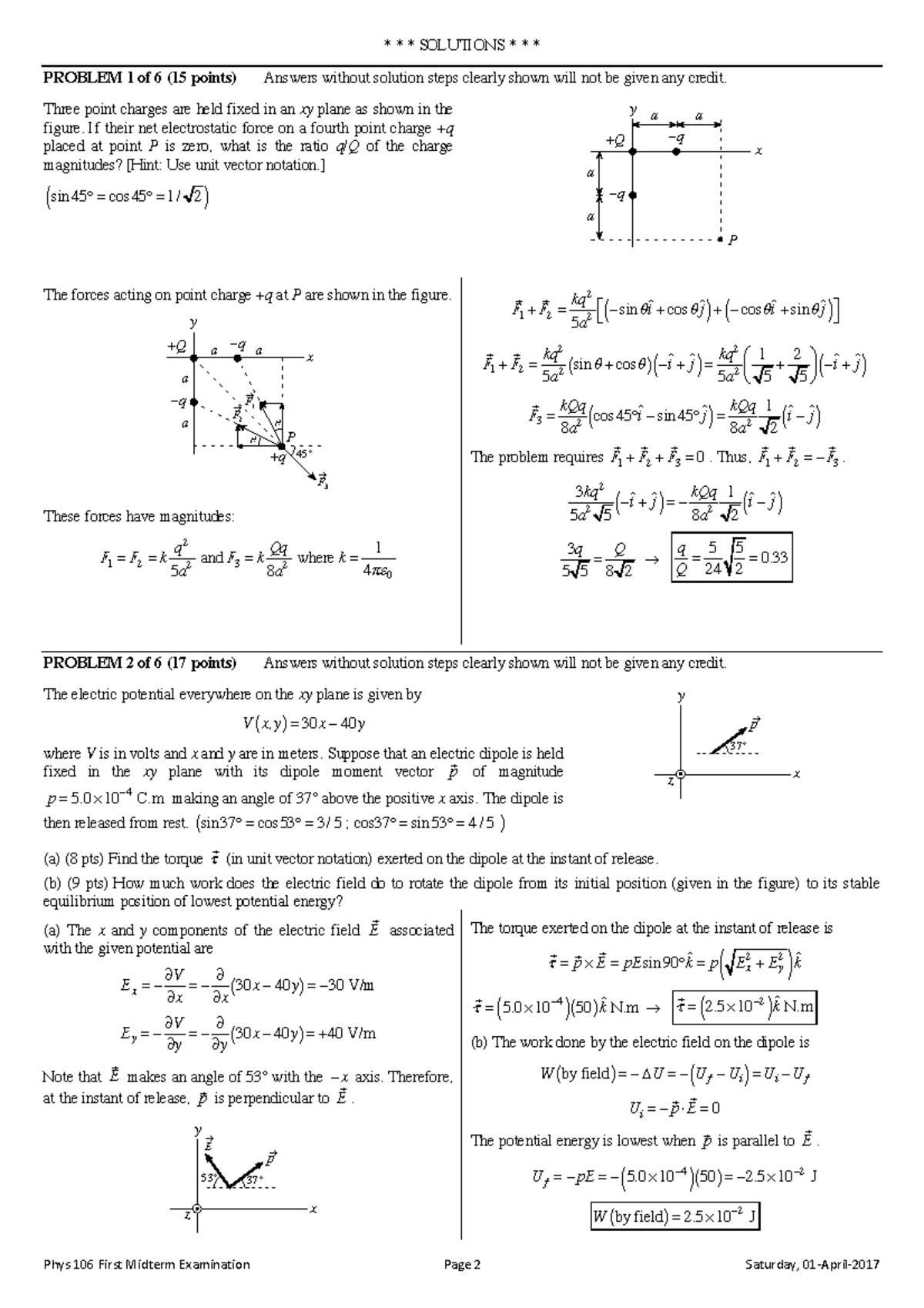 Phys 105 first midterm examination - ####### * * * SOLUTIONS * * * Phys 106 First Midterm - Studocu