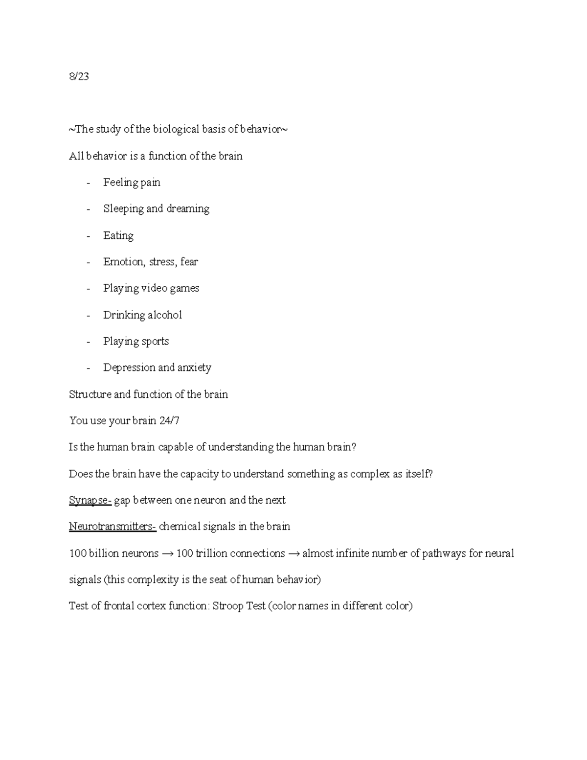 Behavioral Neuroscience - PSY 214 - UAlbany - Studocu