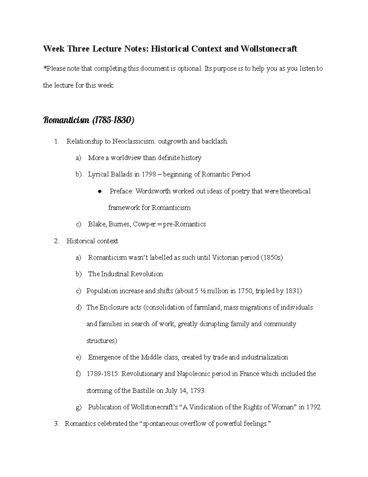 Week Three Lecture Notes Historical Context and Wollstonecraft-Engl-216 ...