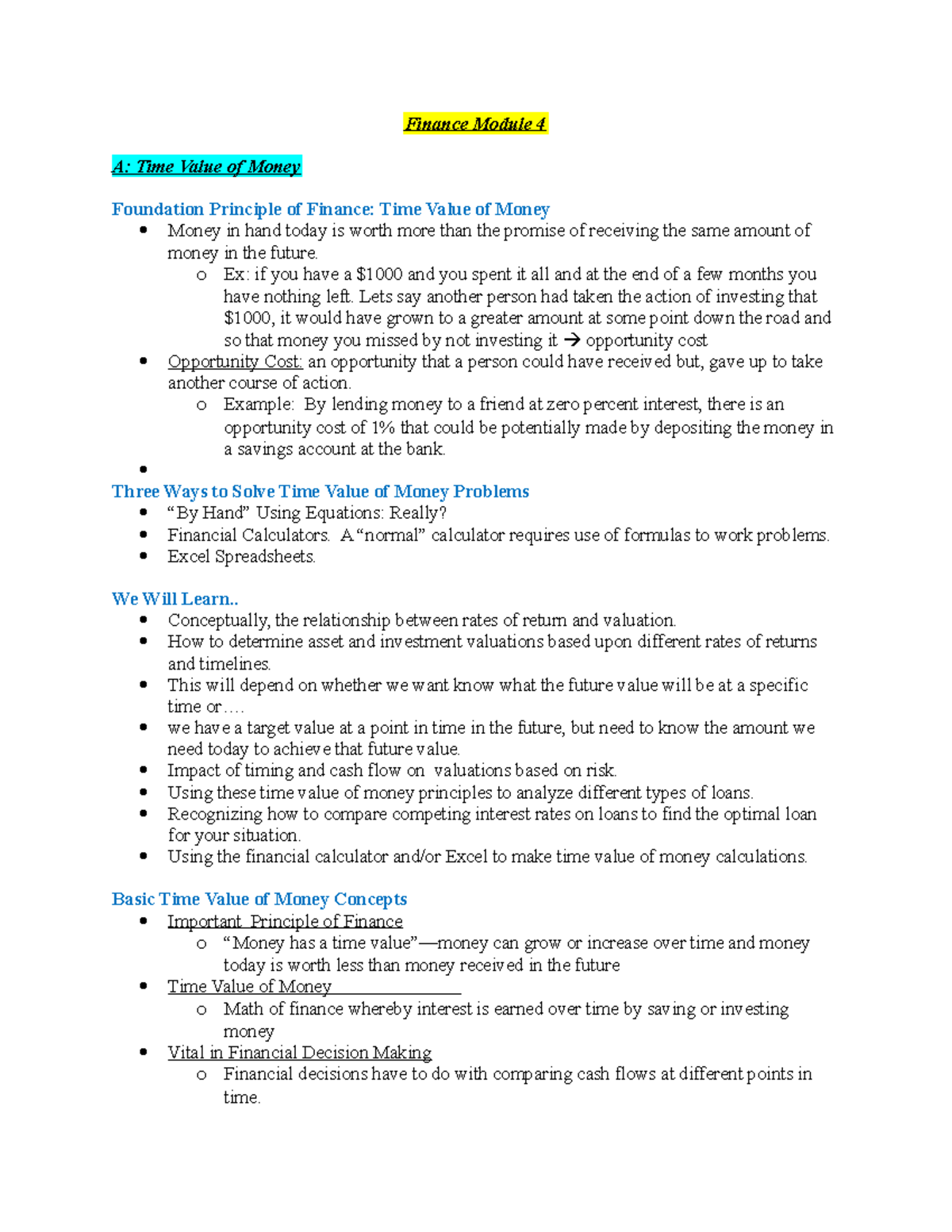 Finance Module 4 - Prof. Keith W Trent - Finance Module 4 A: Time Value of Money Foundation ...