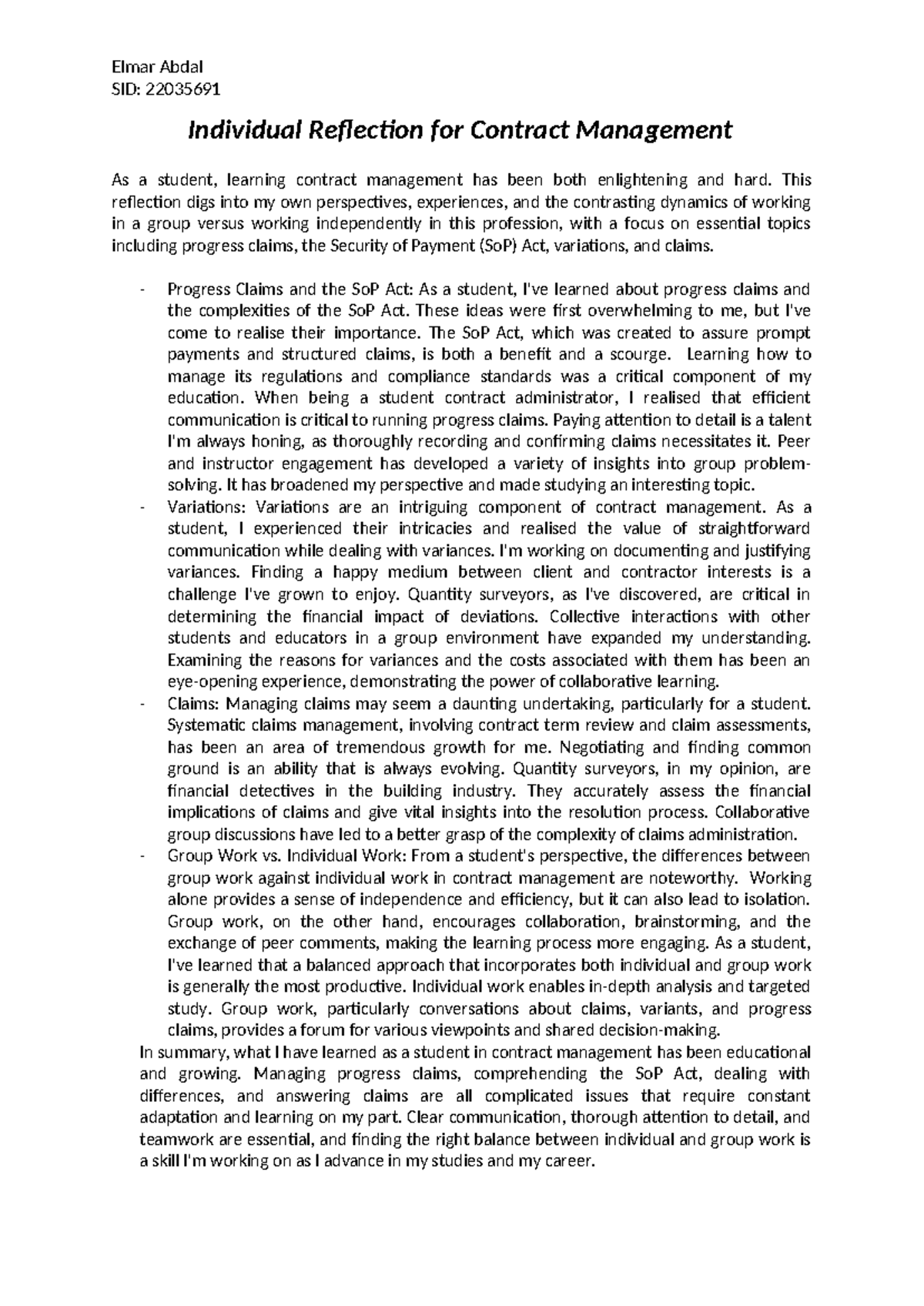 Individual Reflection for Contract Management - Elmar Abdal SID ...