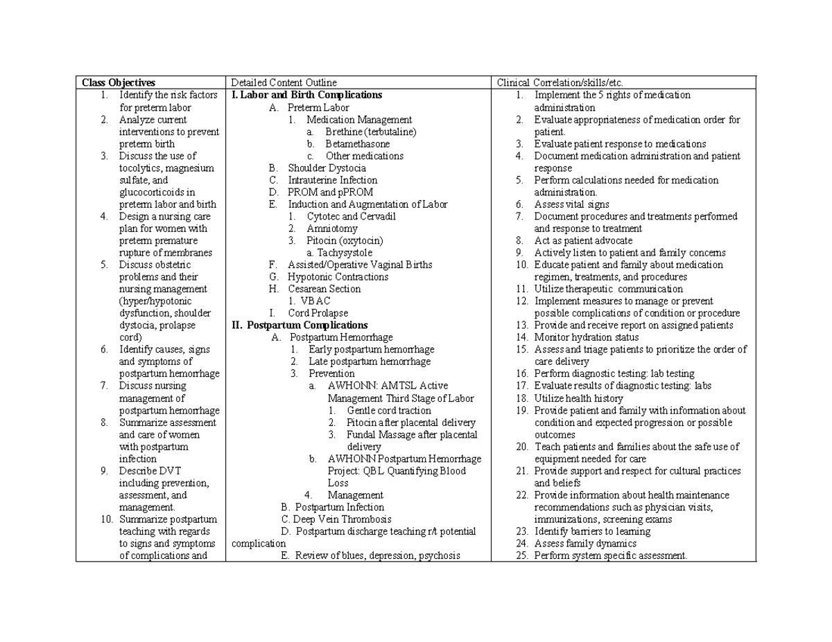 Detailed course outline L&D and PP complication objectives - Class ...