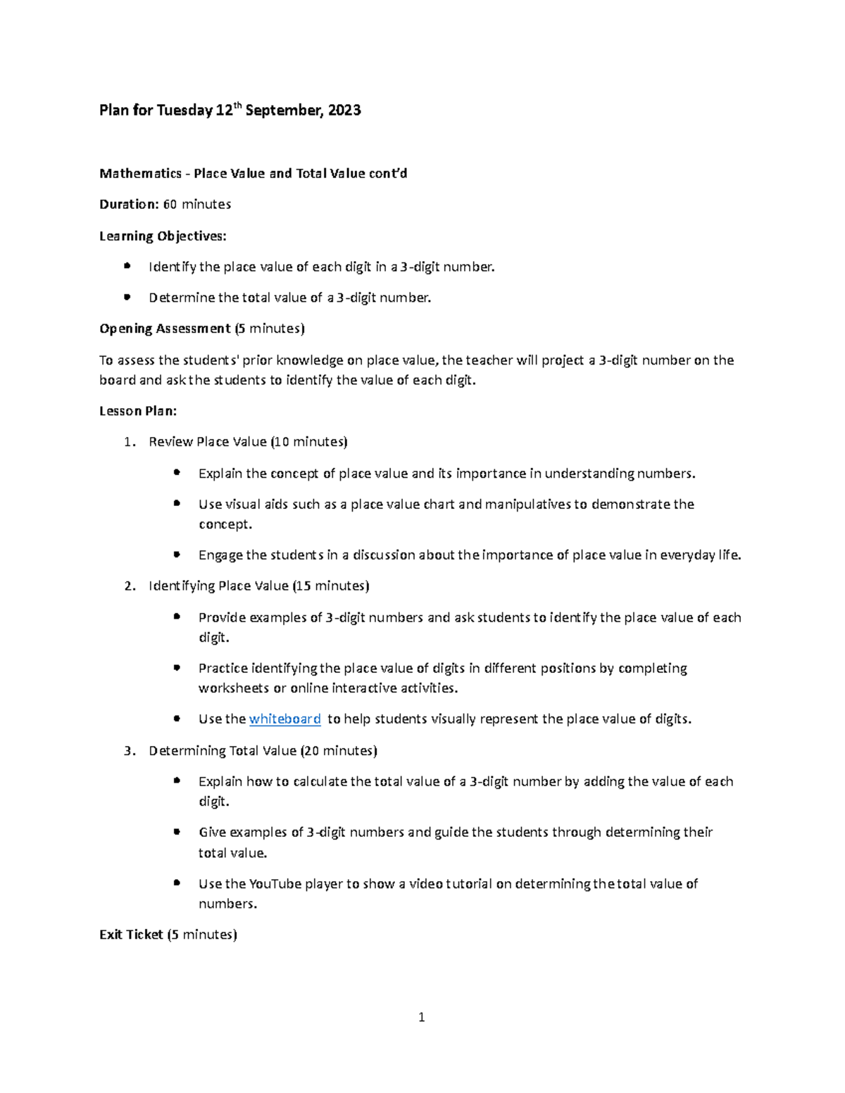 Plan for Tuesday 12th September, 2023 - Plan for Tuesday 12th September ...