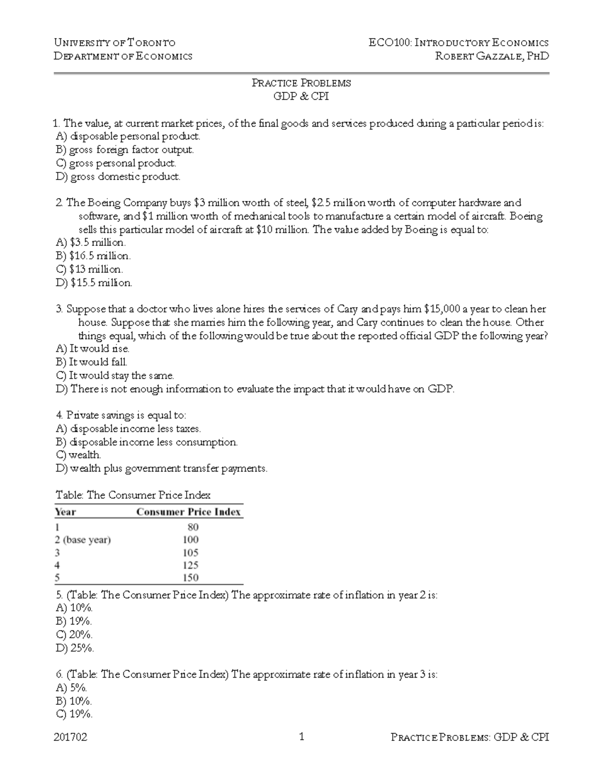 Practice Problems GDPand CPI 2017 02 - DEPARTMENT OF ECONOMICS ROBERT ...