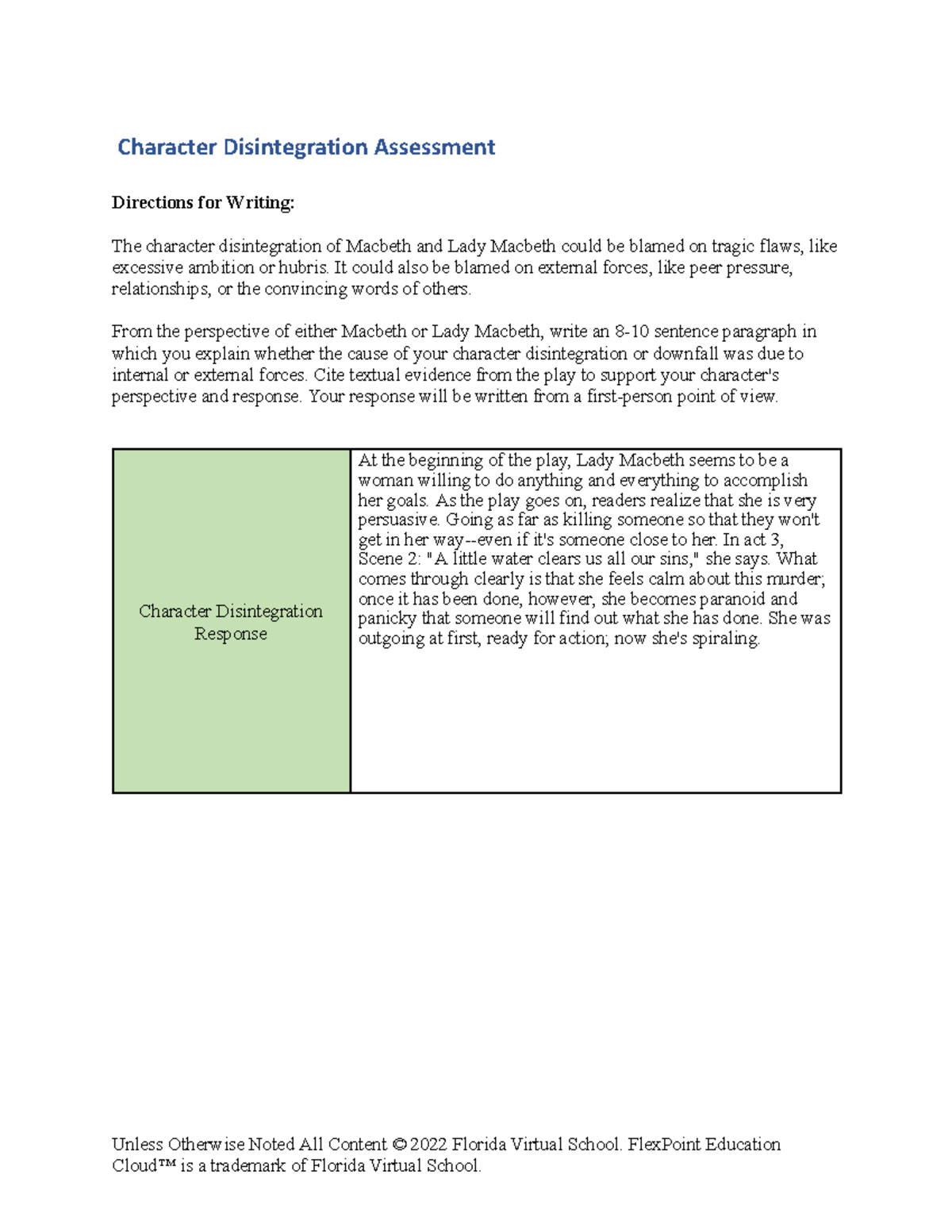 Character disintegration rubric - Character Disintegration Assessment ...