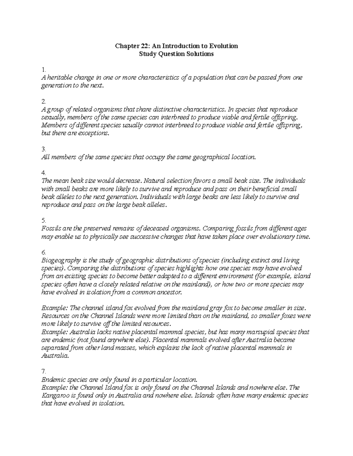 Chapter 22- An Intro to Evolution- Study Question Solutions - Chapter ...