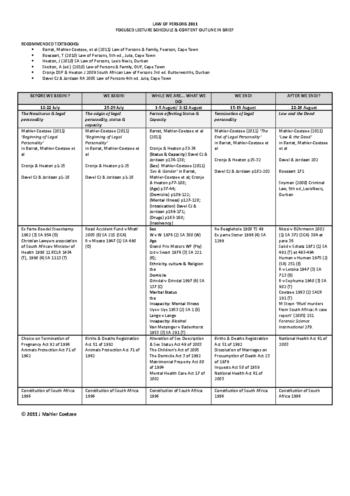 Focused Lecture Schedule - LAW OF PERSONS 2011 FOCUSED LECTURE SCHEDULE ...
