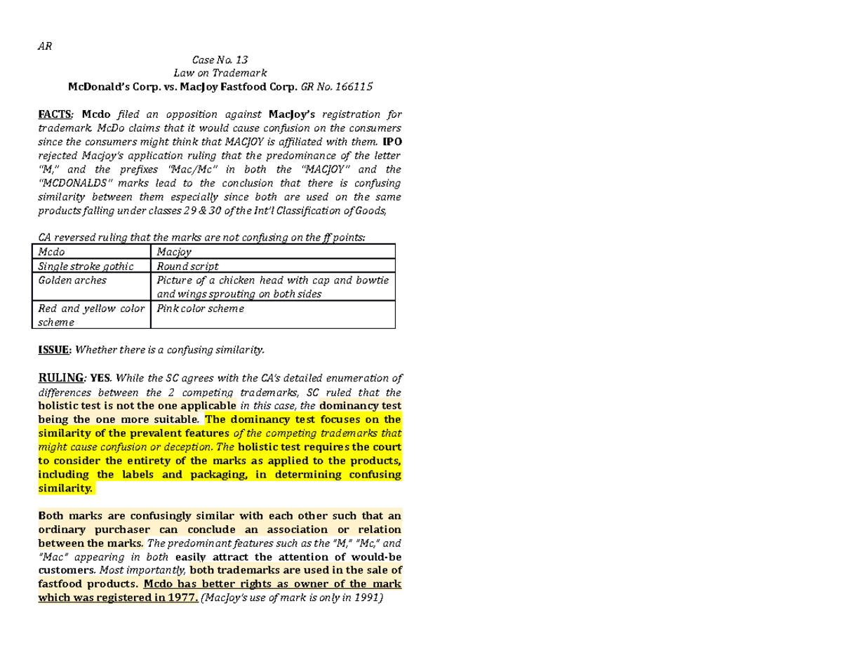 13 Mc Donald’s Corp. vs. Mac Joy Fastfood Corp - AR Case No. 13 Law on ...