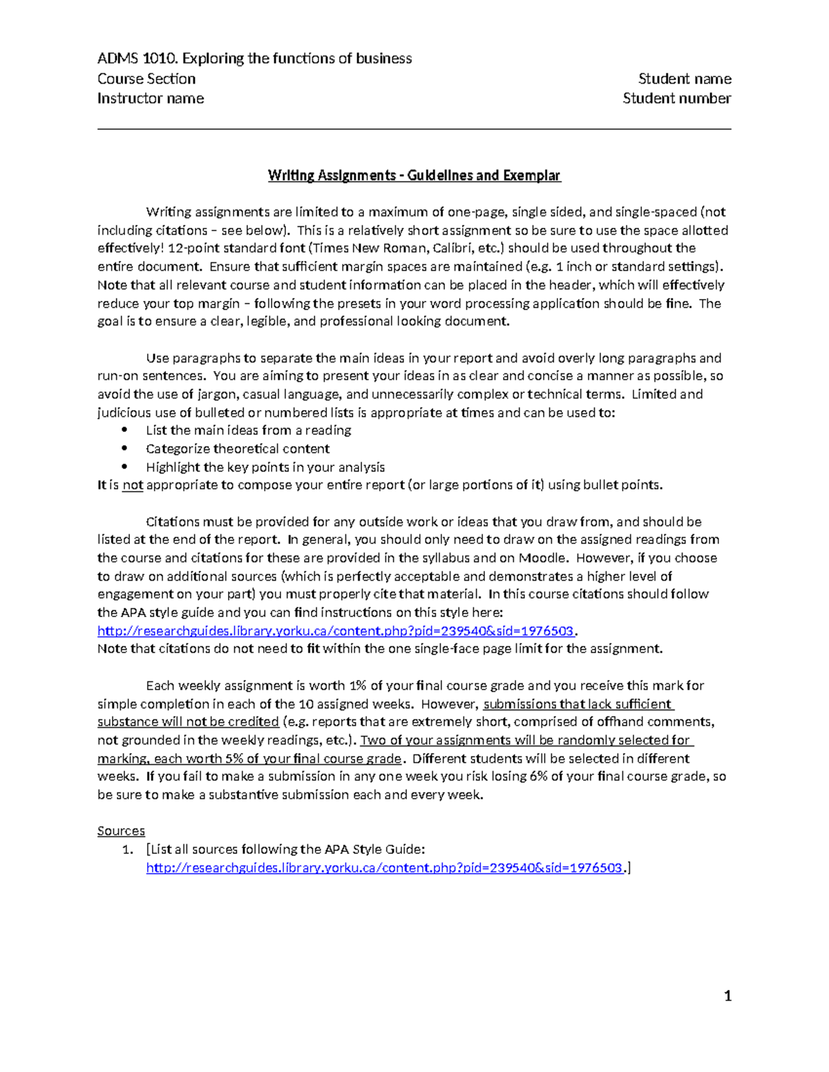 Writing assignments. Guidelines - ADMS 1010. Exploring the functions of business Course Section ...