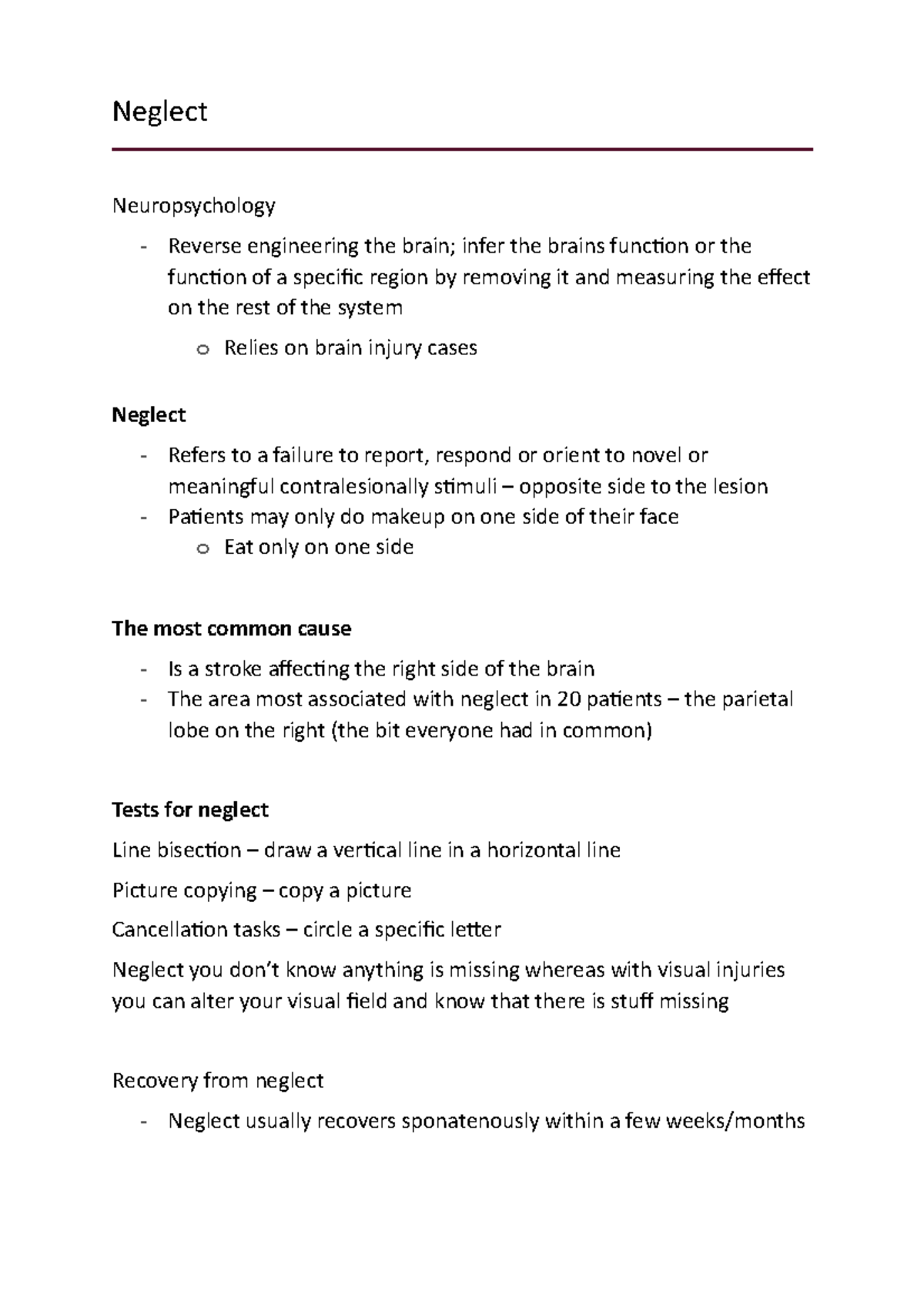 Lecture 8 - Neglect - ccc notes - Neglect Neuropsychology - Reverse ...