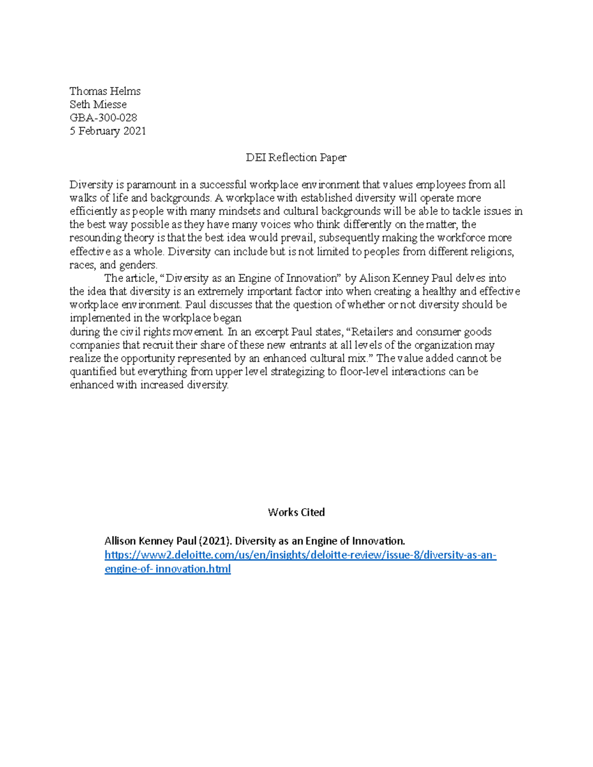 Helms Reflection - quiz - Thomas Helms Seth Miesse GBA-300- 5 February ...