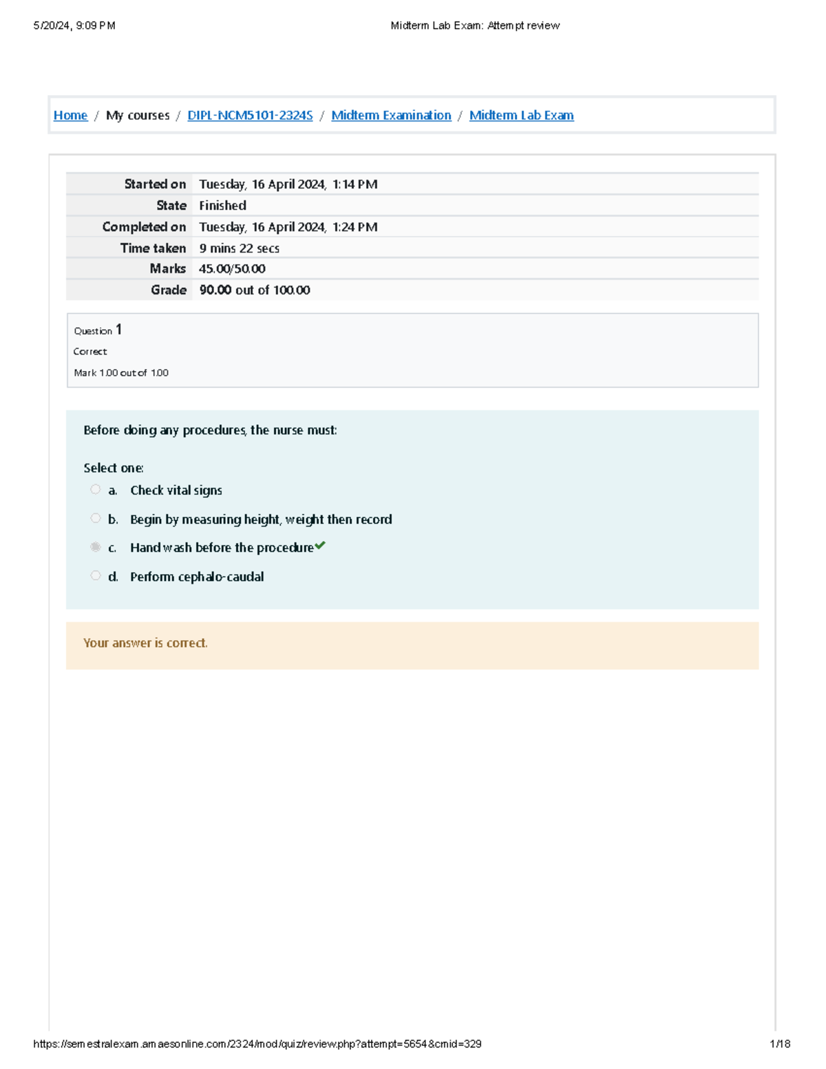 Midterm Lab Exam Attempt review - Home / My courses / DIPL-NCM5101-2324S / Midterm Examination ...