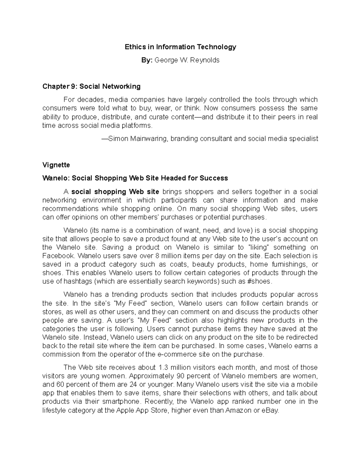 Social networking vignette - Ethics in Information Technology By ...