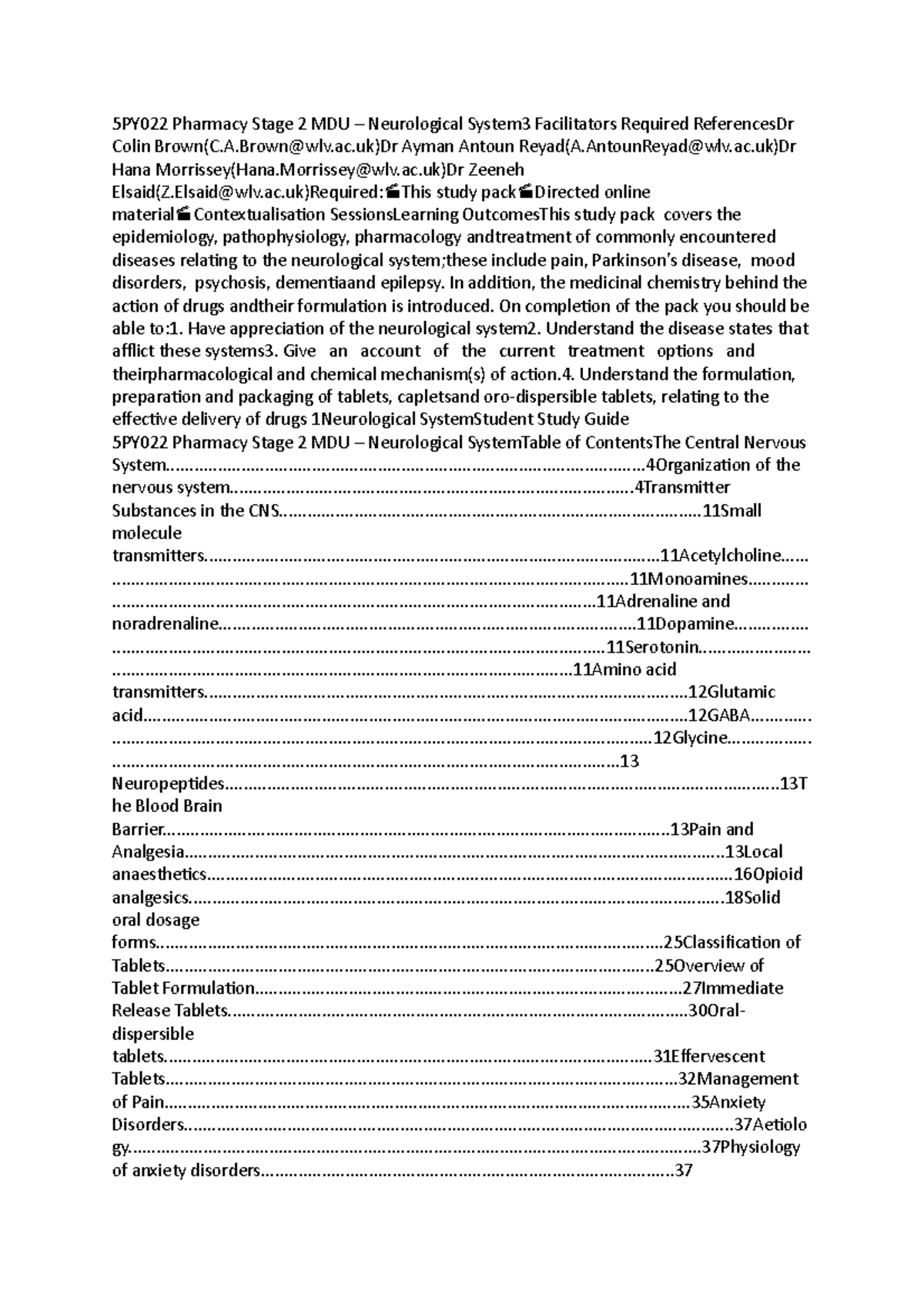Pharmacy notes 10 - 5PY022 Pharmacy Stage 2 MDU – Neurological System3 ...