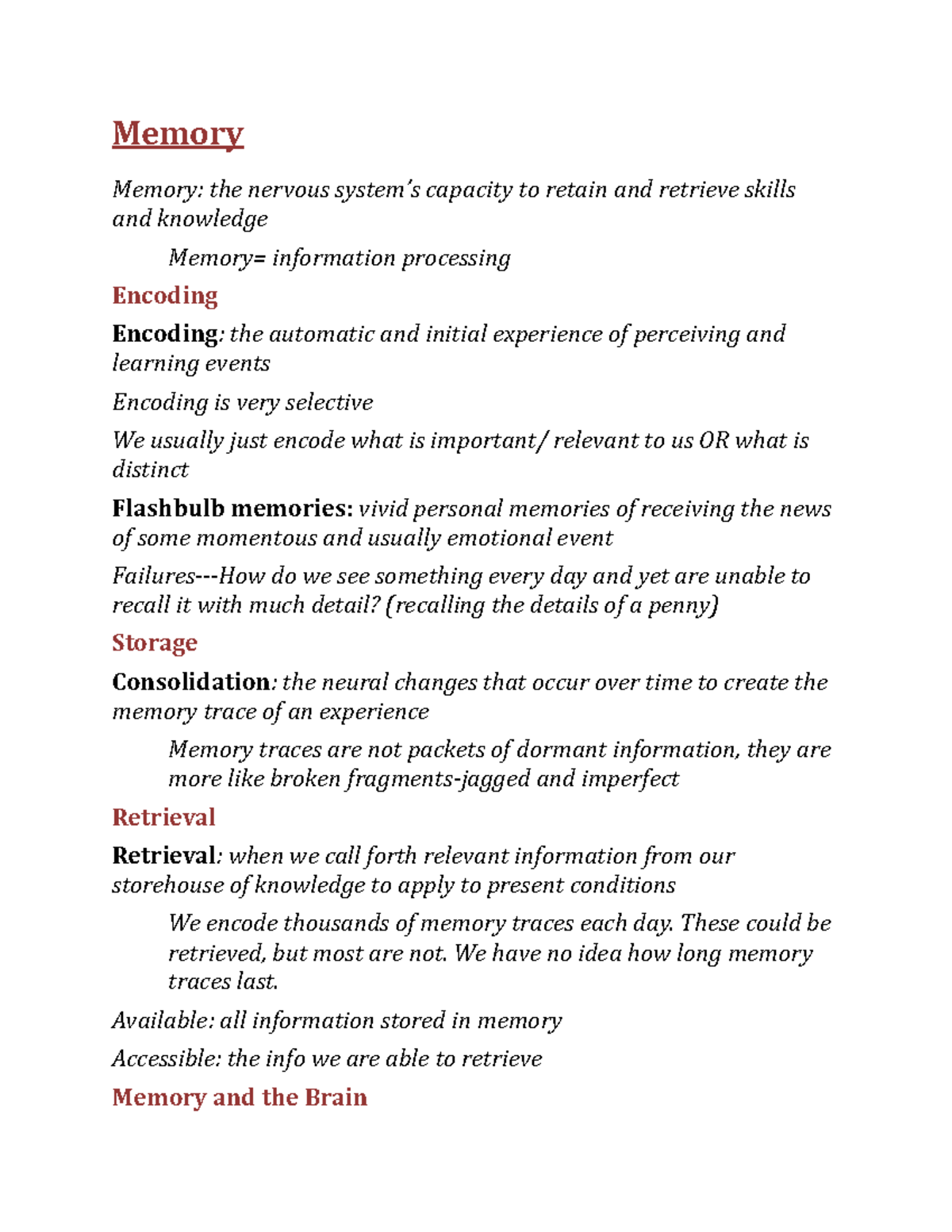 Memory-9-30 - Lecture notes exam 2 materials - Memory Memory: the ...