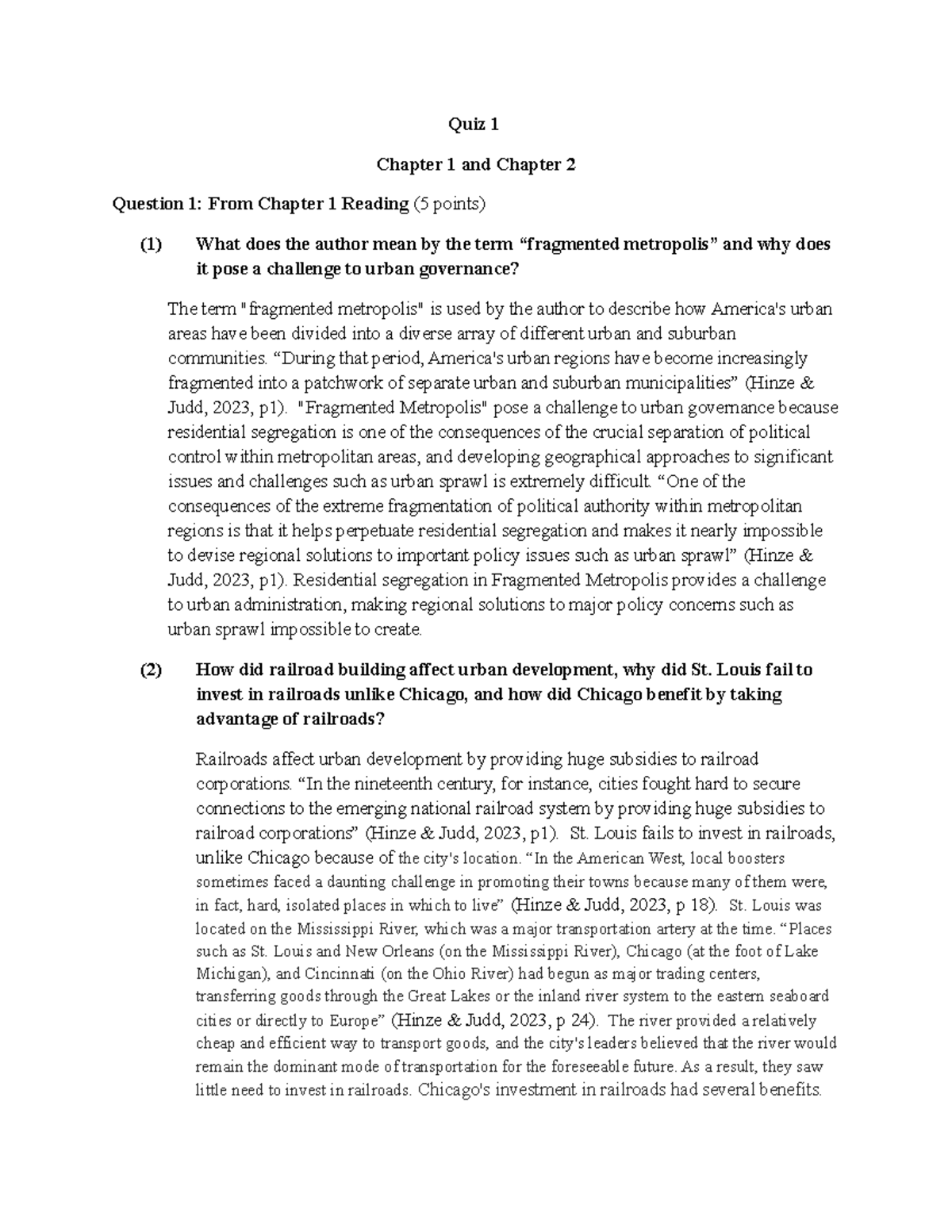 Urban Politics Quiz 1 - Essay answers from the book. - Quiz 1 Chapter 1 ...