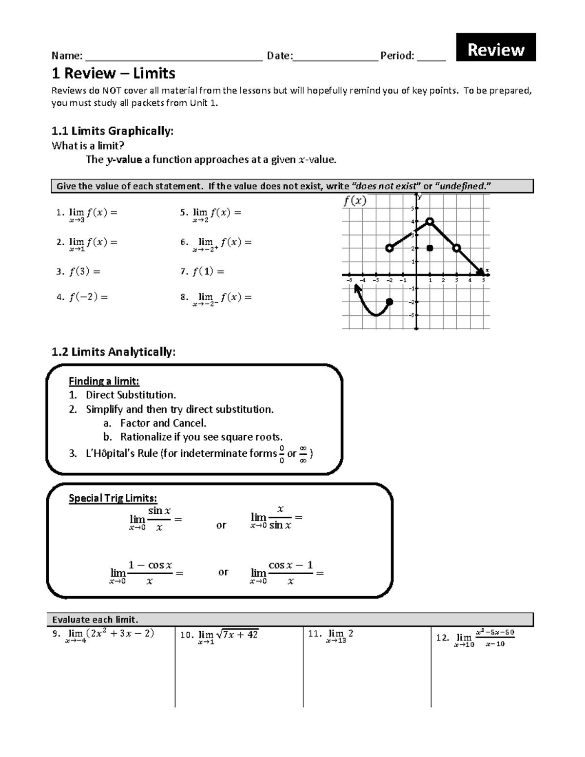 Calc 1 - Limits Review - Name: _______________________________ Date ...