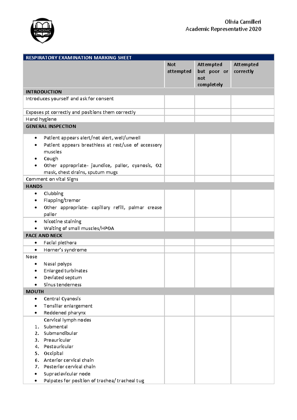 Resp Ex Marking Guide - Olivia Camilleri Academic Representative 2020 ...