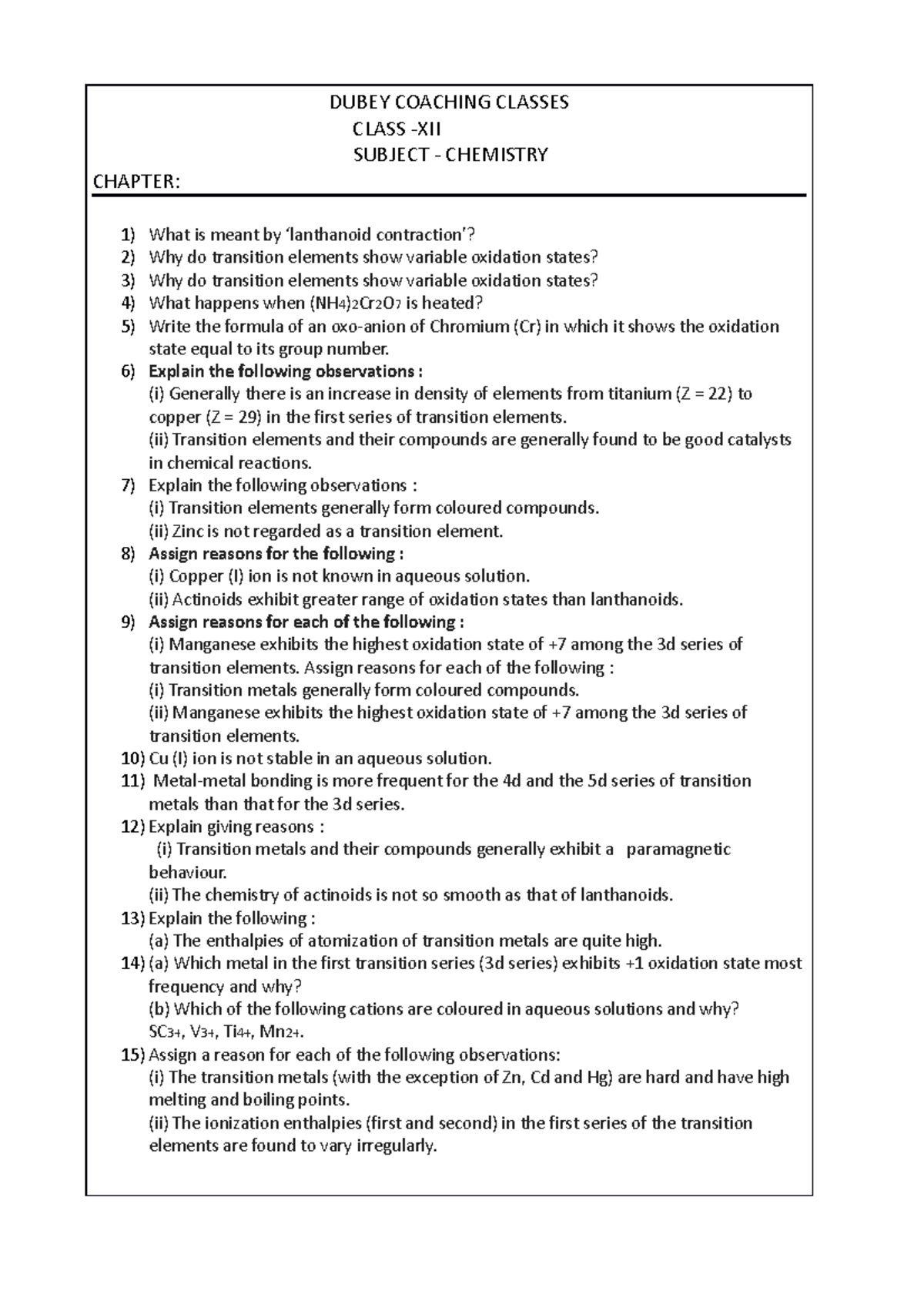 12 d and f block - It's for practice of board exams - DUBEY COACHING ...