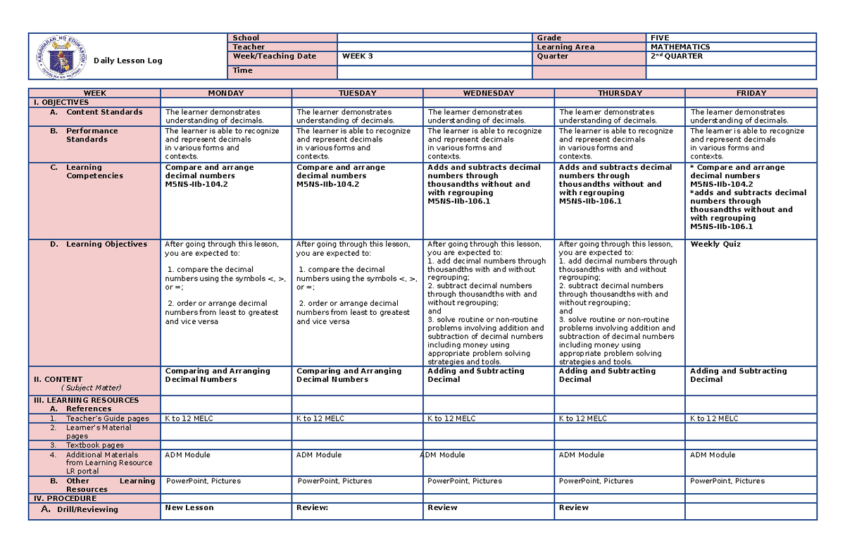 DLL WEEK 3 MATH - Math 5 - Daily Lesson Log School Grade FIVE Teacher ...