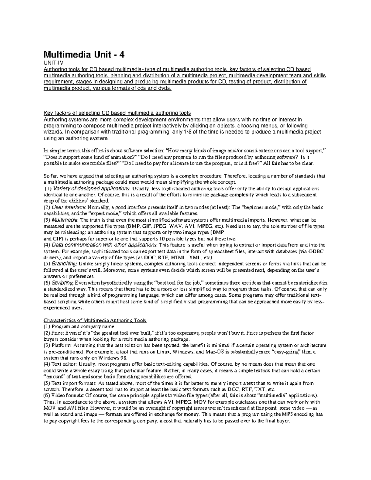 UNIT 4 - Multimedia Unit - 4 UNIT-IV Authoring tools for CD based multimedia- type of multimedia ...