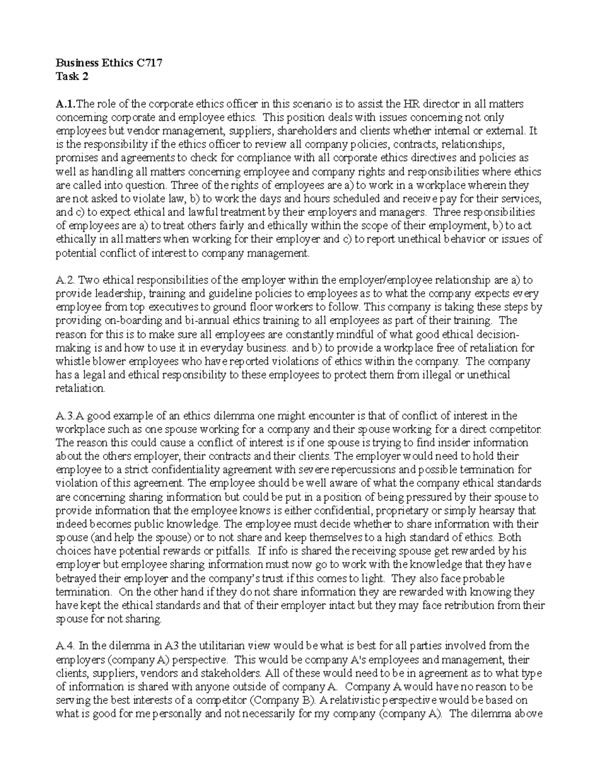C717 Task 2 - Business Ethics C Task 2 A.1 role of the corporate ethics ...