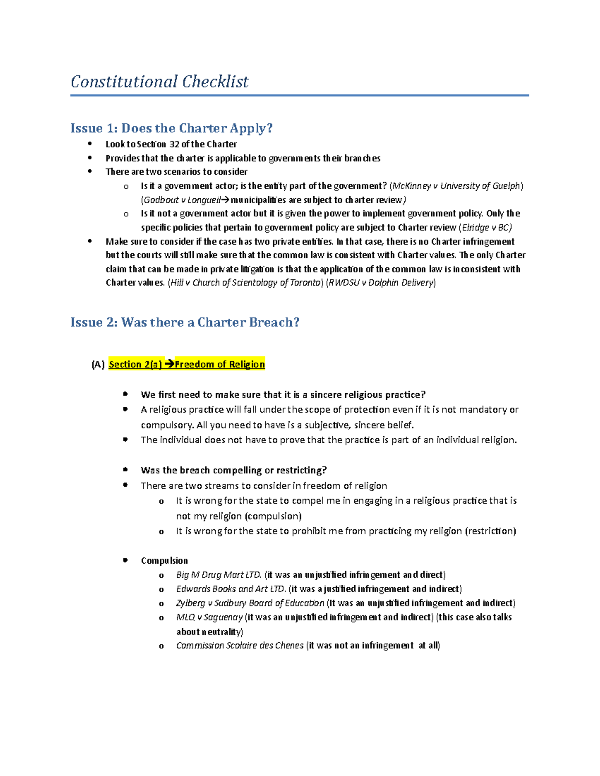 Constitutional Law - Checklist and Section 1 analysis - Constitutional ...