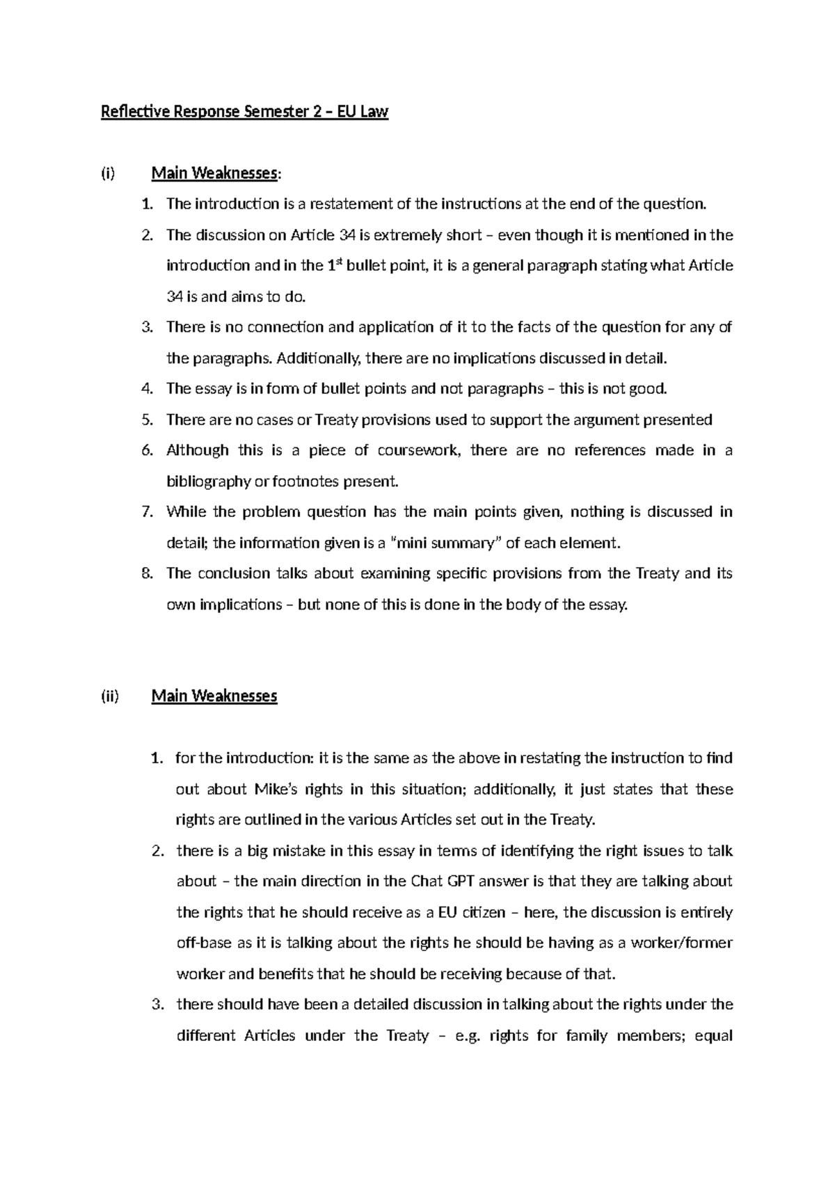 Reflective Response EU Sem 2 - Reflective Response Semester 2 – EU Law ...