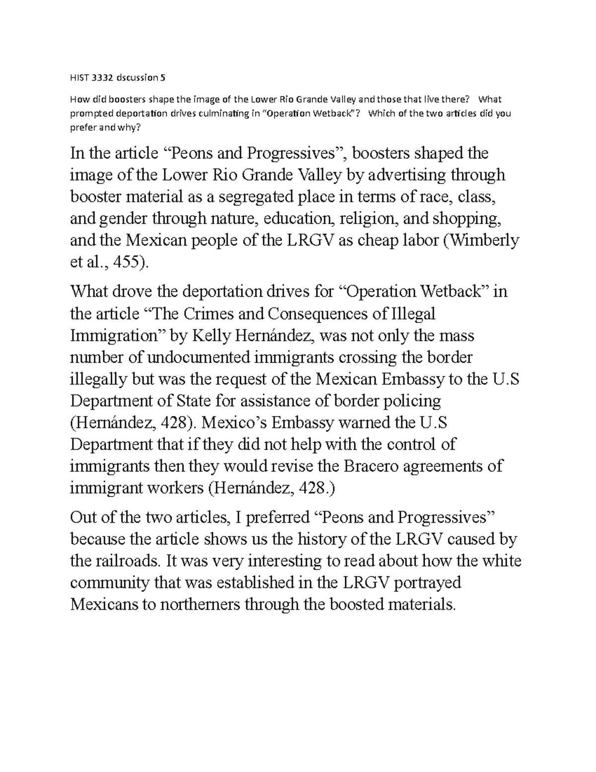 HIST 3332 Week 7 - These discussions cover Mexican American history ...