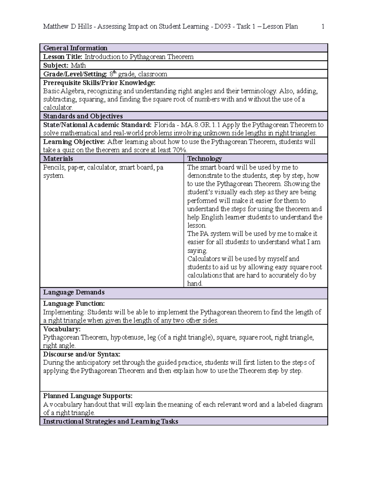 Matthew Hills - D093 - Task 1 - Lesson Plan - General Information Lesson Title: Introduction to ...