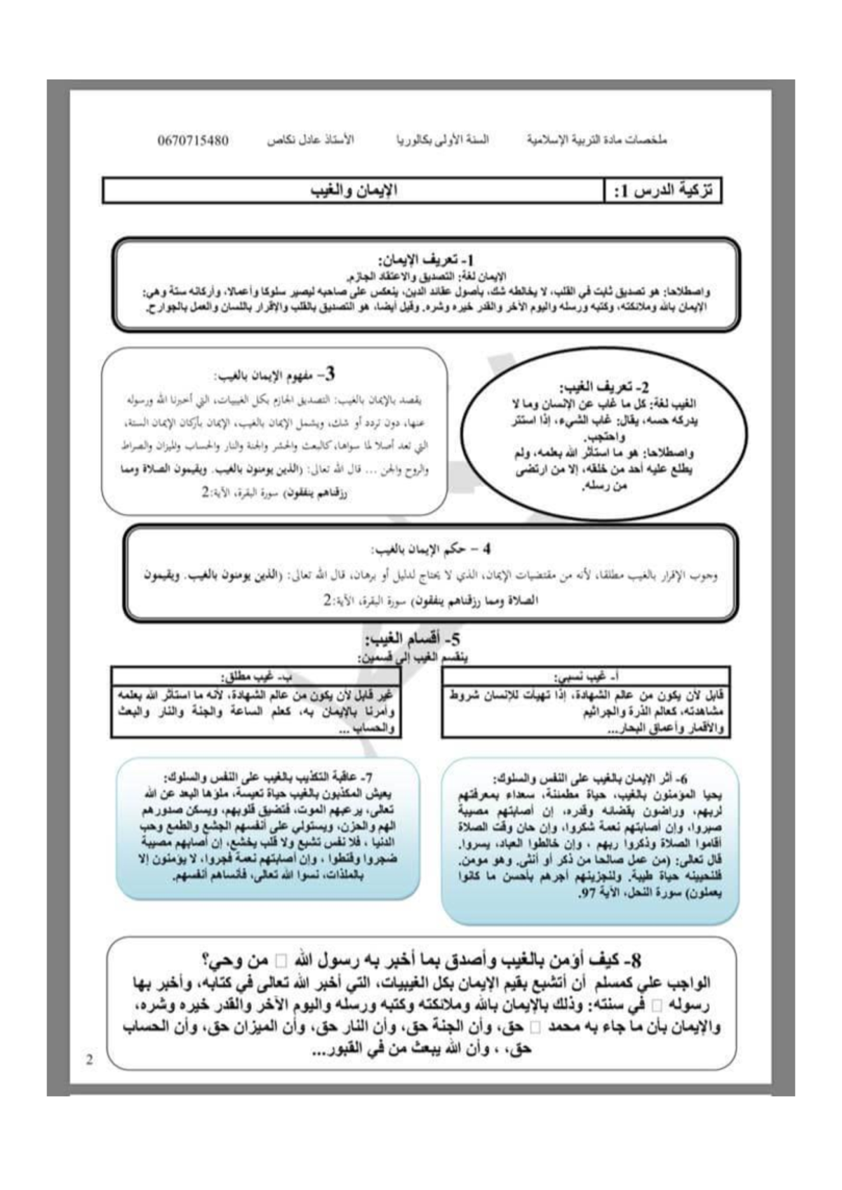 ملخصات مادة التربية الإسلامية - الأولى بكالورياeducaprof - 0670715480 ...