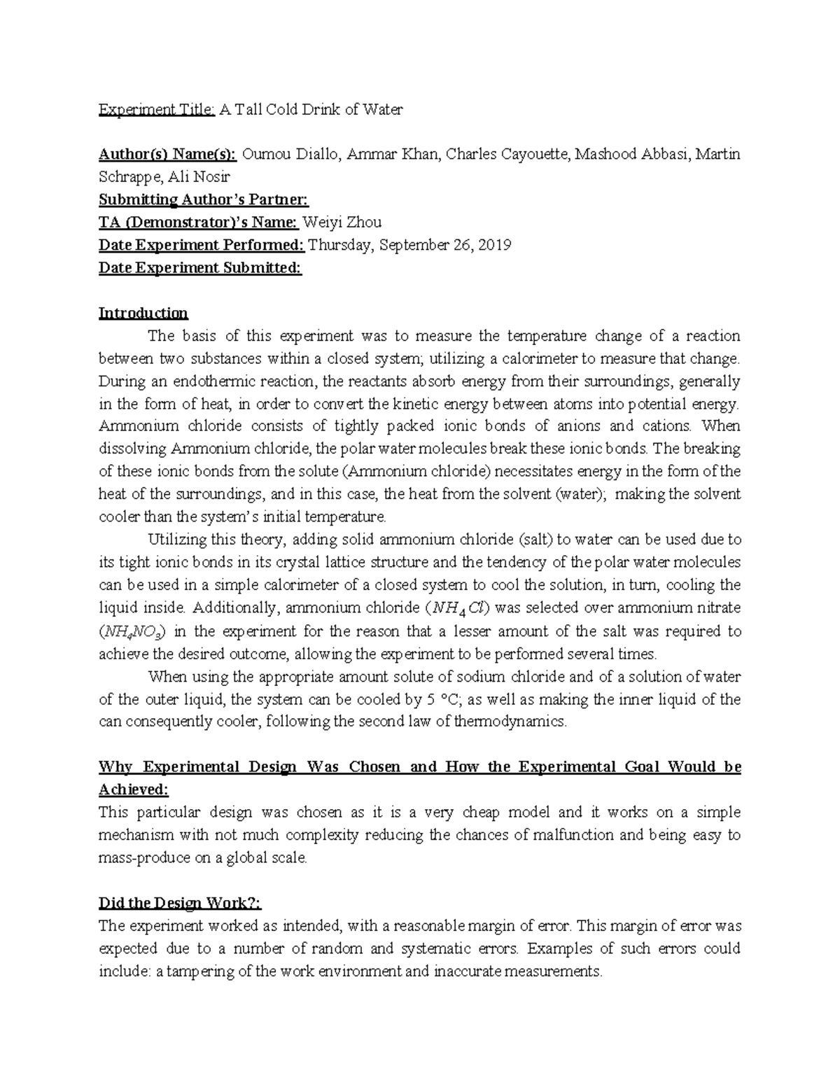 Experiment 2 Lab report - Experiment Title: A Tall Cold Drink of Water ...