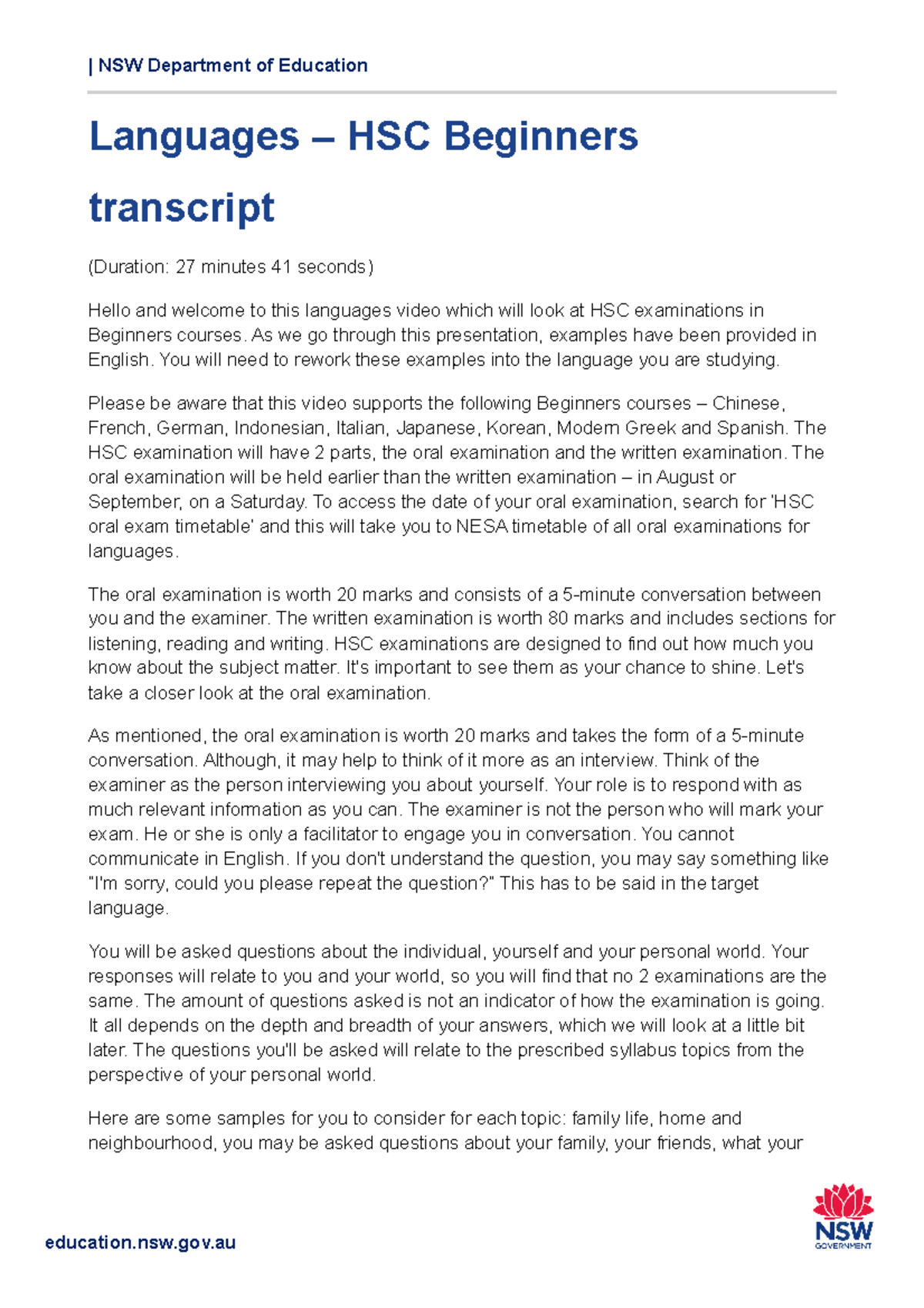 Languages s6 hsc beginners transcript - | NSW Department of Education ...