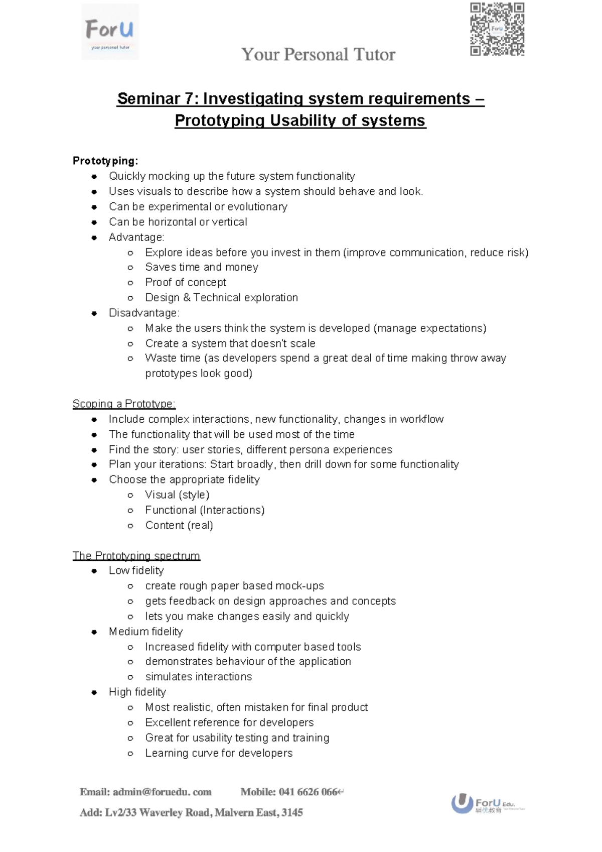 FIT2001- System development- Note - Seminar 7: Investigating system ...