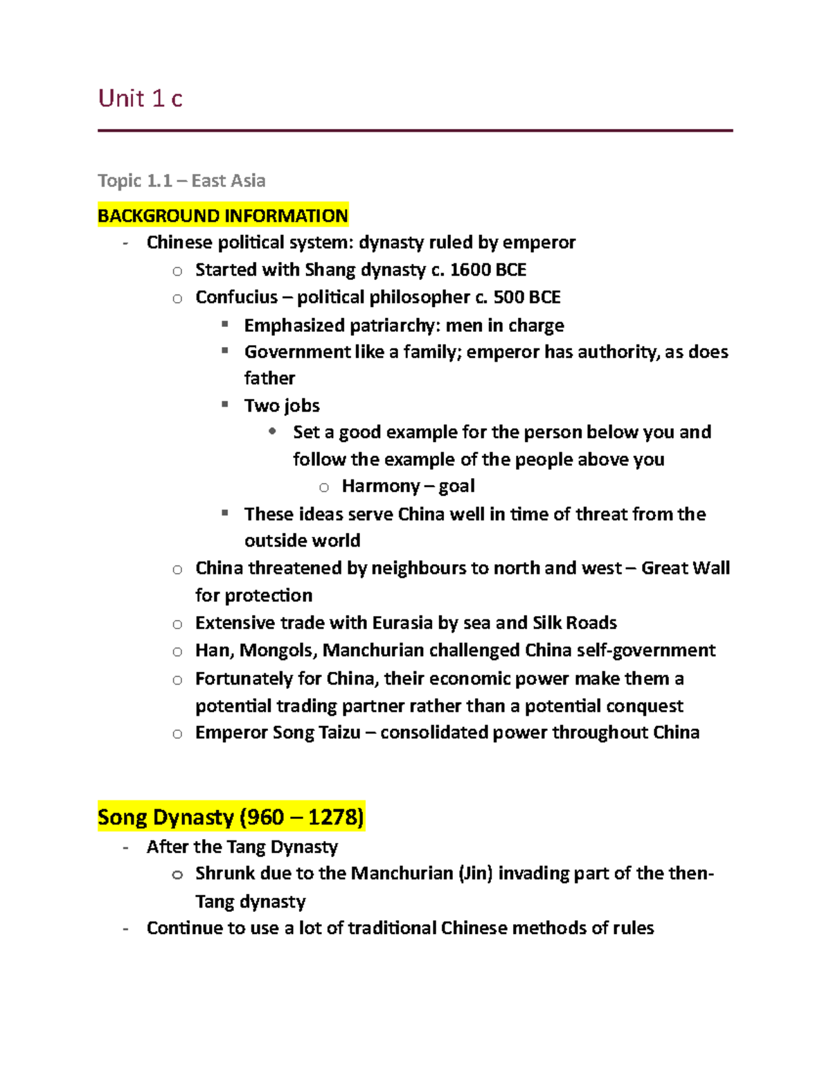 Unit 1 - ,.............. - Unit 1 c Topic 1 – East Asia BACKGROUND ...