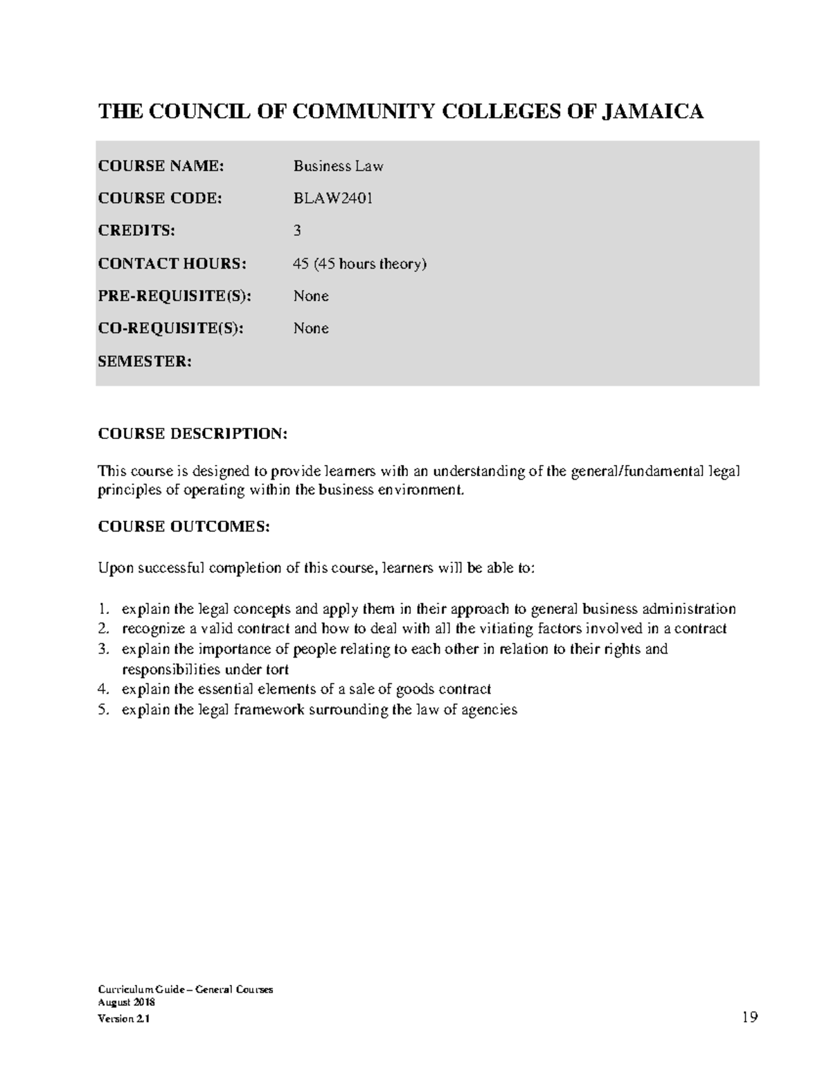 Business Law module - law - Curriculum Guide – General Courses August ...