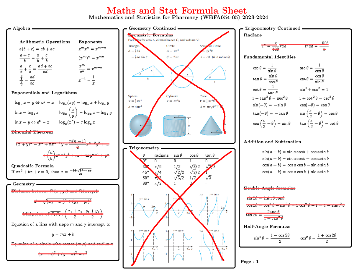 Formula sheet Mathematics & Statistics for Pharmacy 2023-2024 - Maths ...