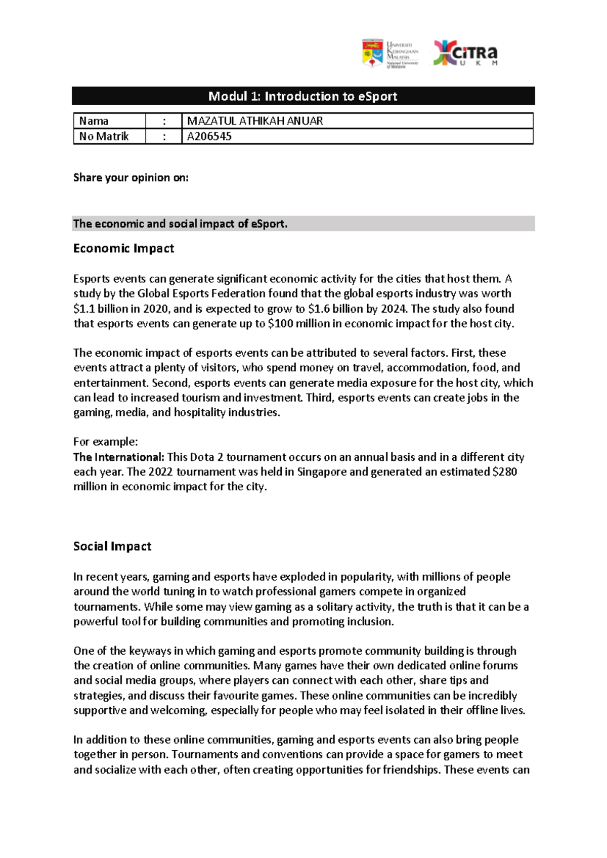 Module 1 - Modul 1 : Introduction to eSport Nama : MAZATUL ATHIKAH ...