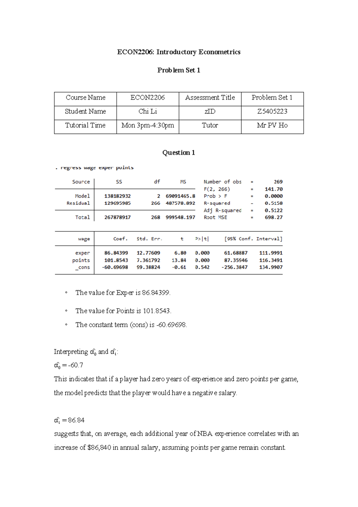 ECON2206 Set 1 - ECON2206: Introductory Econometrics Problem Set 1 ...