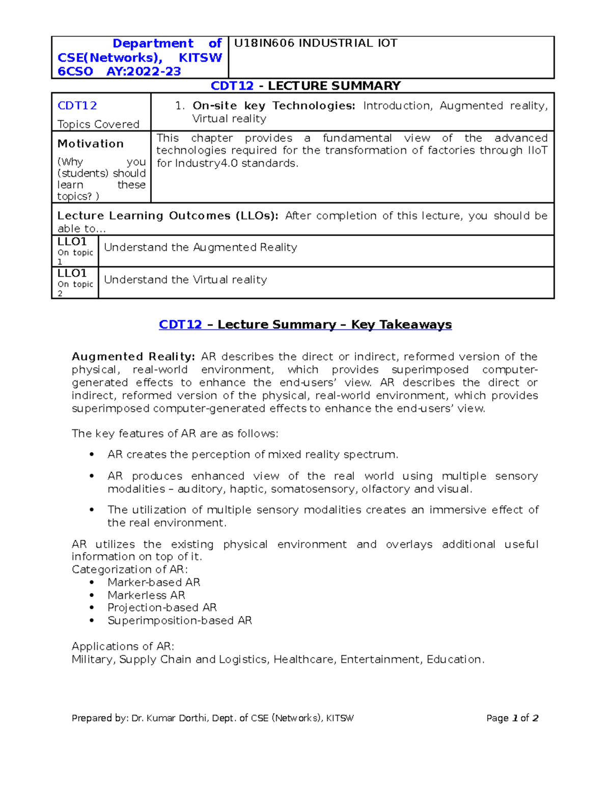 Iiot Cdt12 Summary 6cso 2022 23 Department Of Cse Networks Kitsw 6cso Ay 2022 U18in606