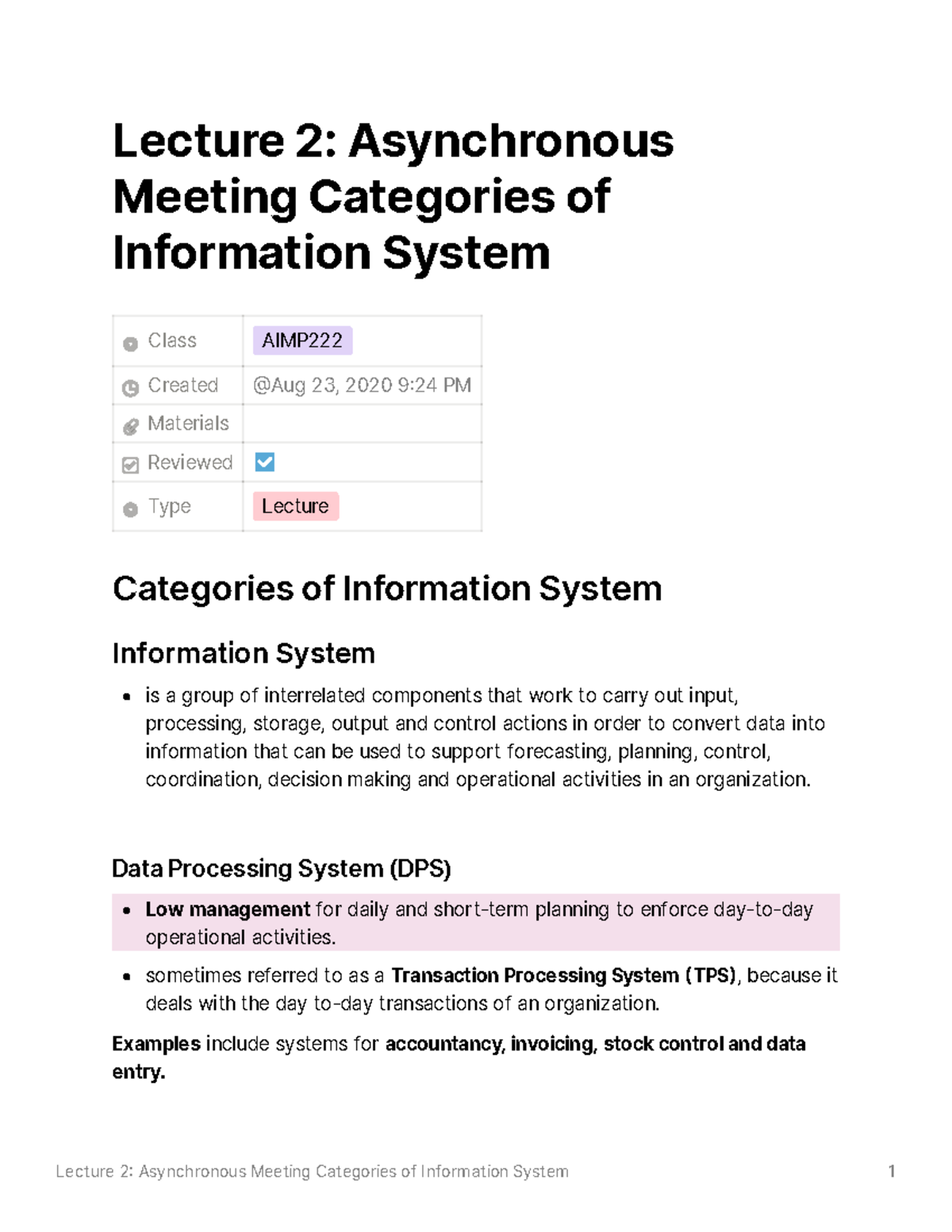 Lecture 2 Asynchronous Meeting Categories of Information System ...