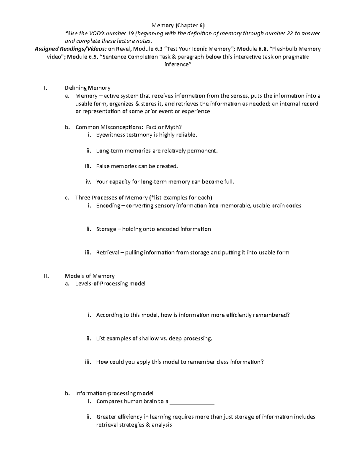 6 - Memory - Professor: Christina Parker - Memory (Chapter 6) *Use the ...