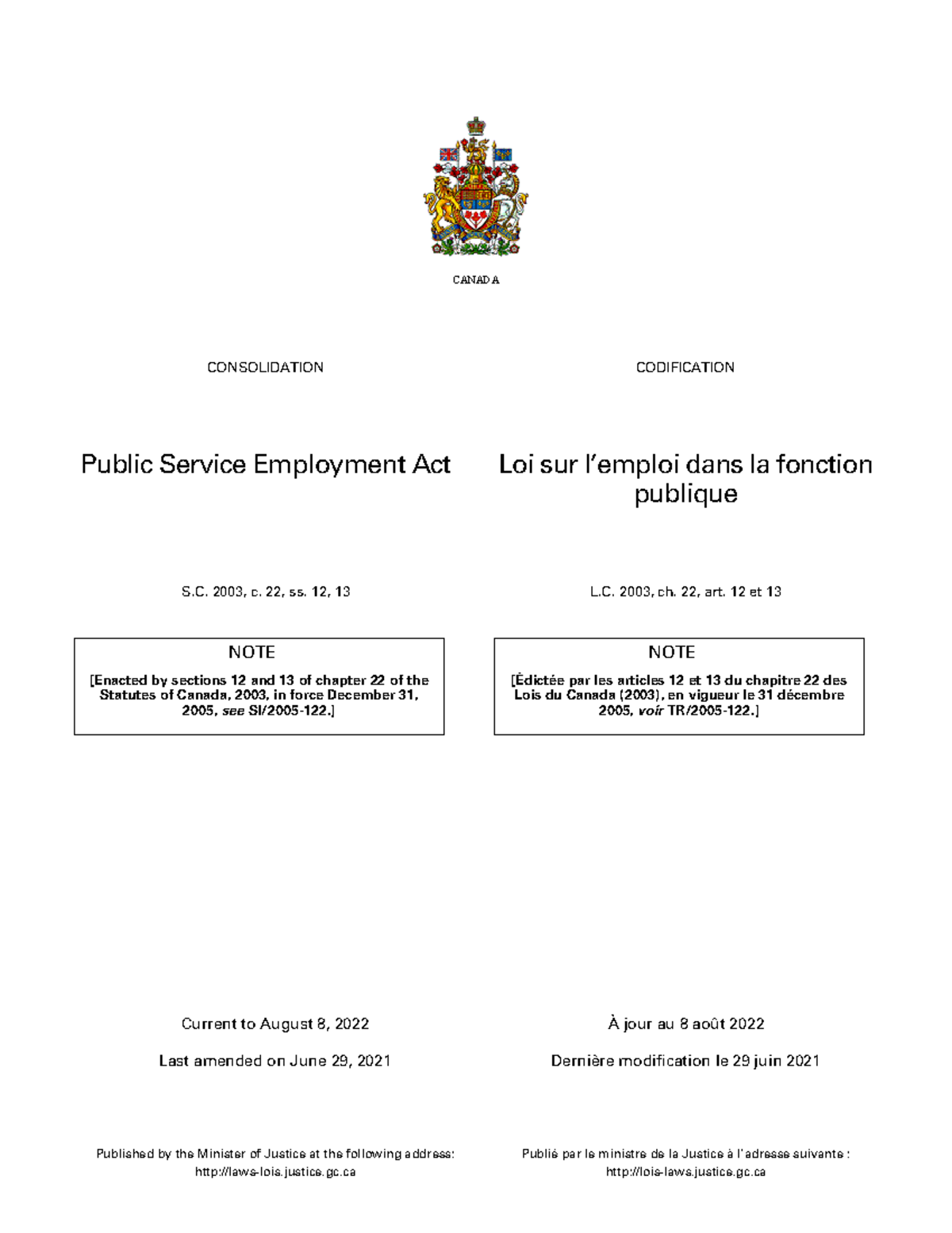 Public Service Employment Act - Current to August 8, 2022 Last amended ...