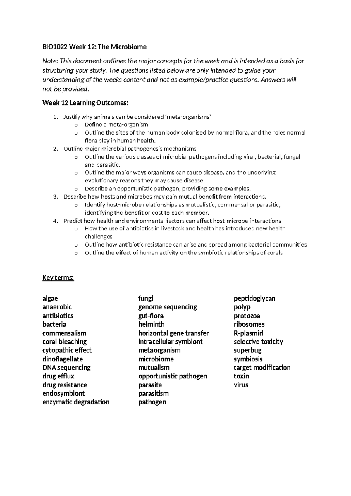 Week 12 Study Guide - BIO1022 Week 12: The Microbiome Note: This ...